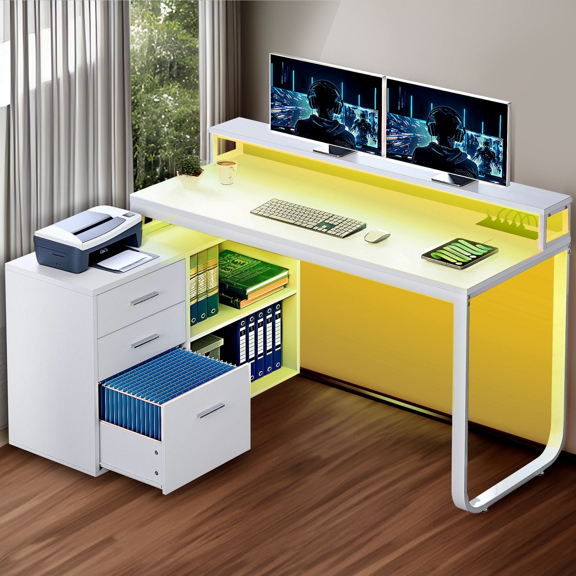ModFusion 55” L-Shaped Home Office Desk with Power Outlets & LED Lights ...