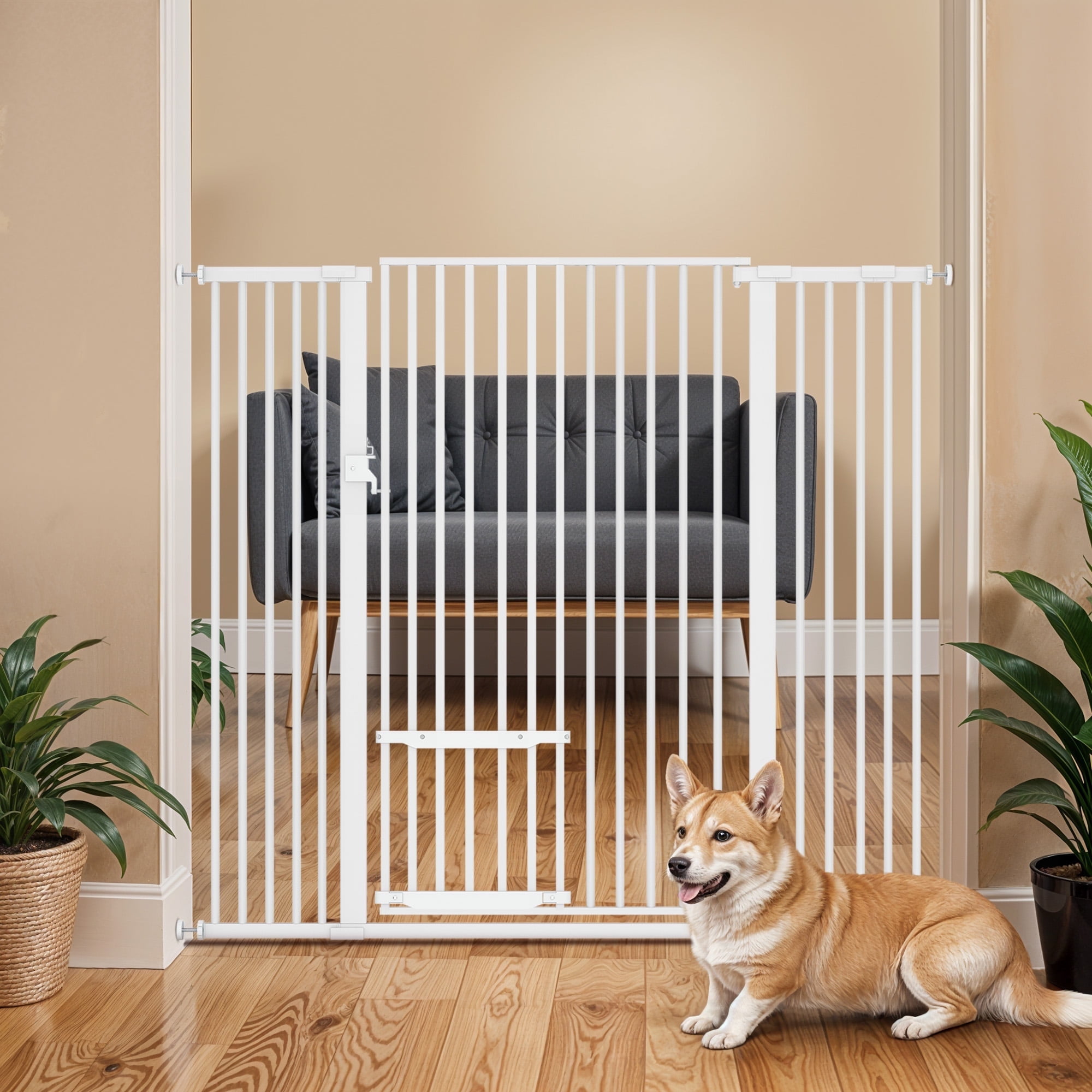 ModFusion 55” Metal Pet Gate with Cat Door, Pressure-Mounted (29.5” to ...