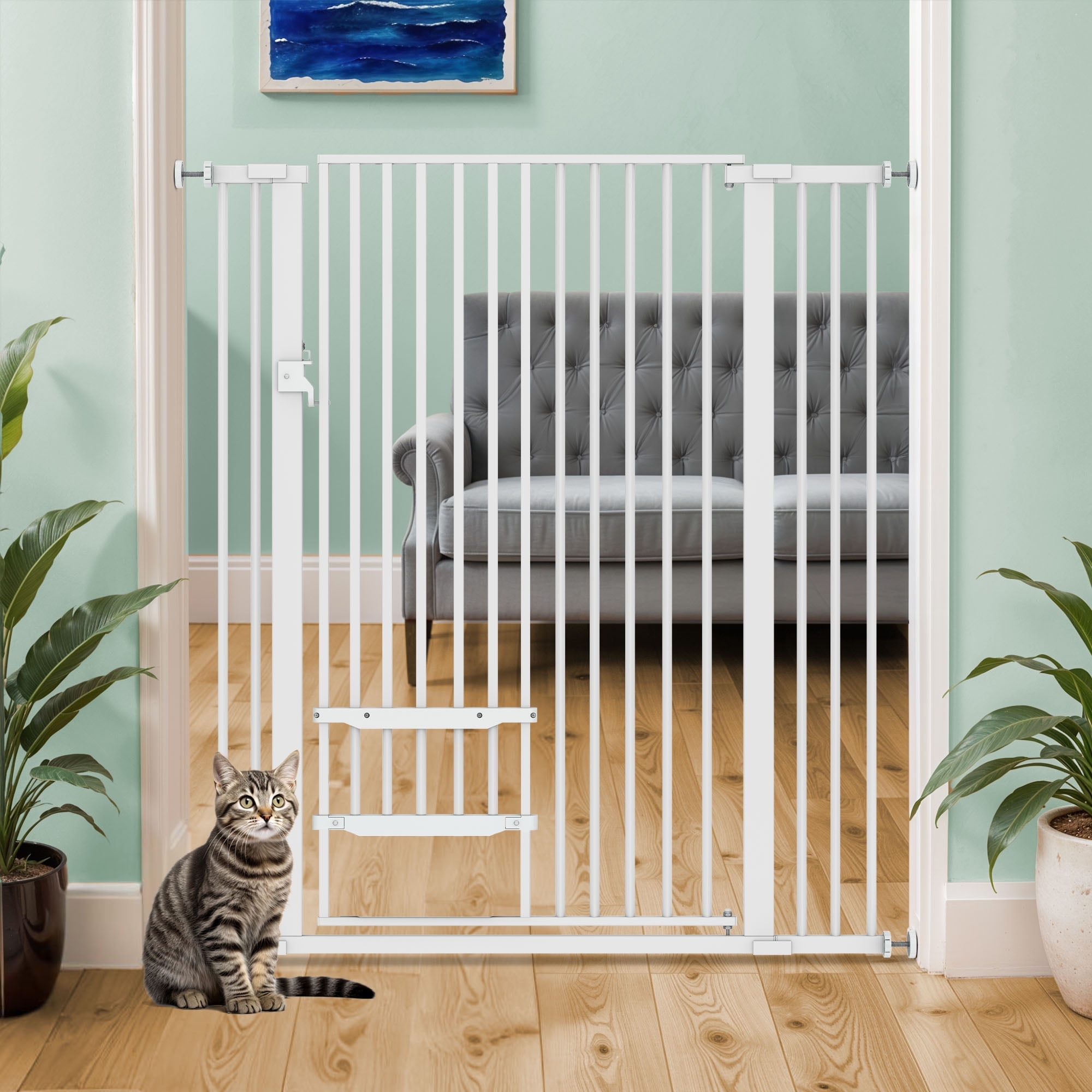 ModFusion 55” Metal Pet Gate with Cat Door, Adjustable Width (29.5” to ...