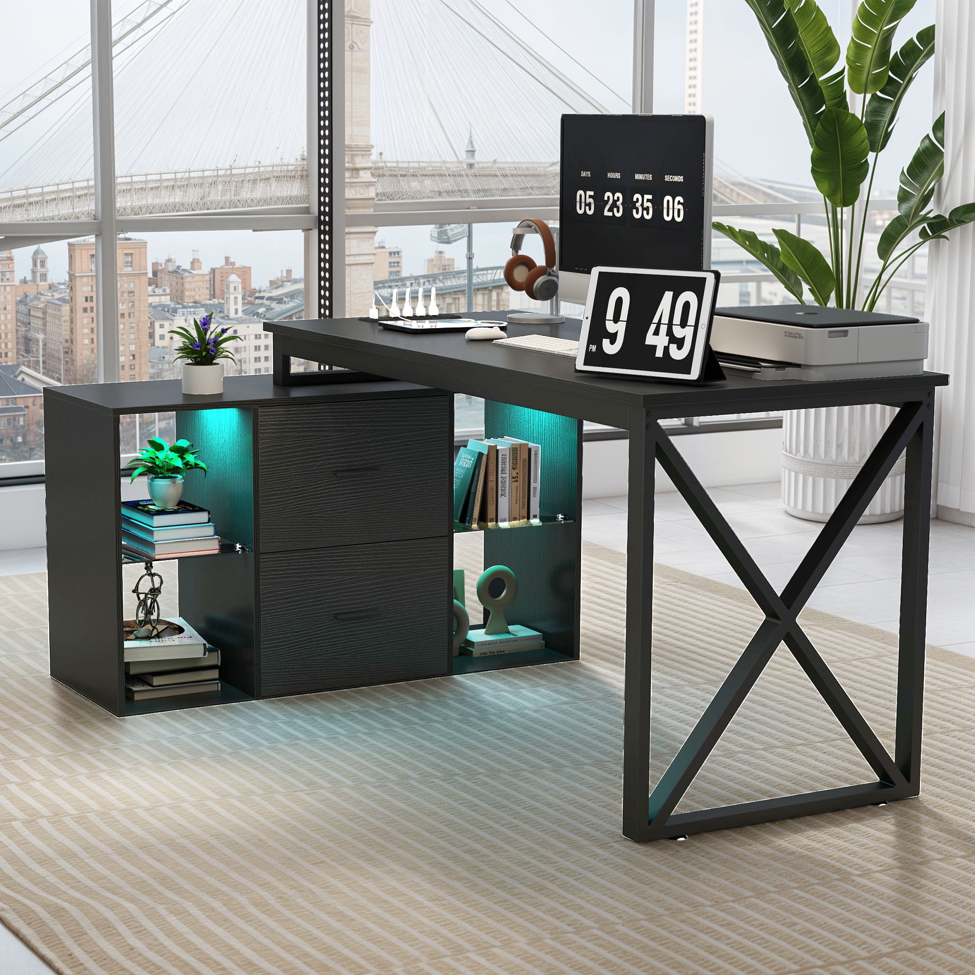 ModFusion 55" Reversible L Shaped Desk with LED Light & Power Outlets ...