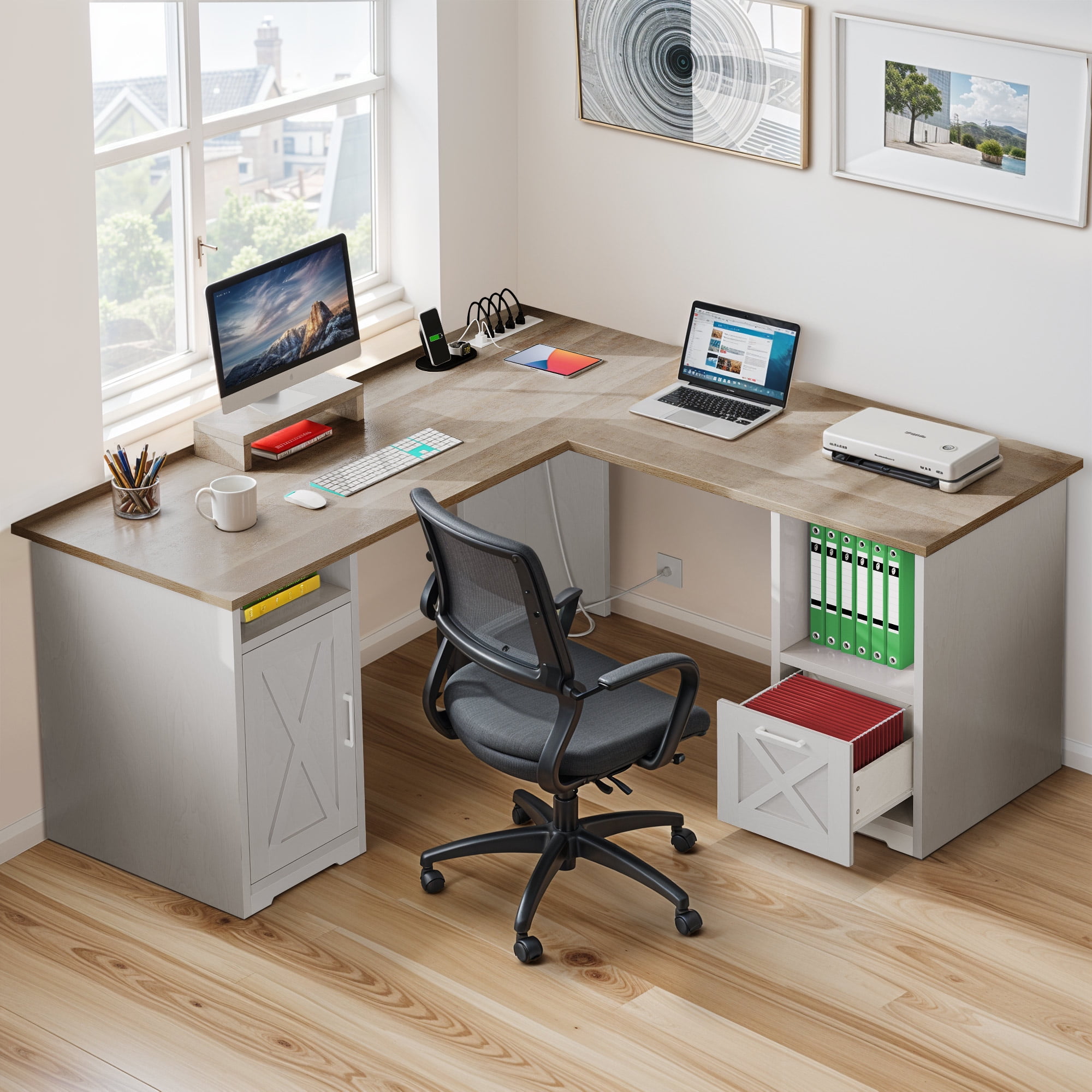 ModFusion 59 Inch L Shaped Corner Computer Desk with Power Outlets ...