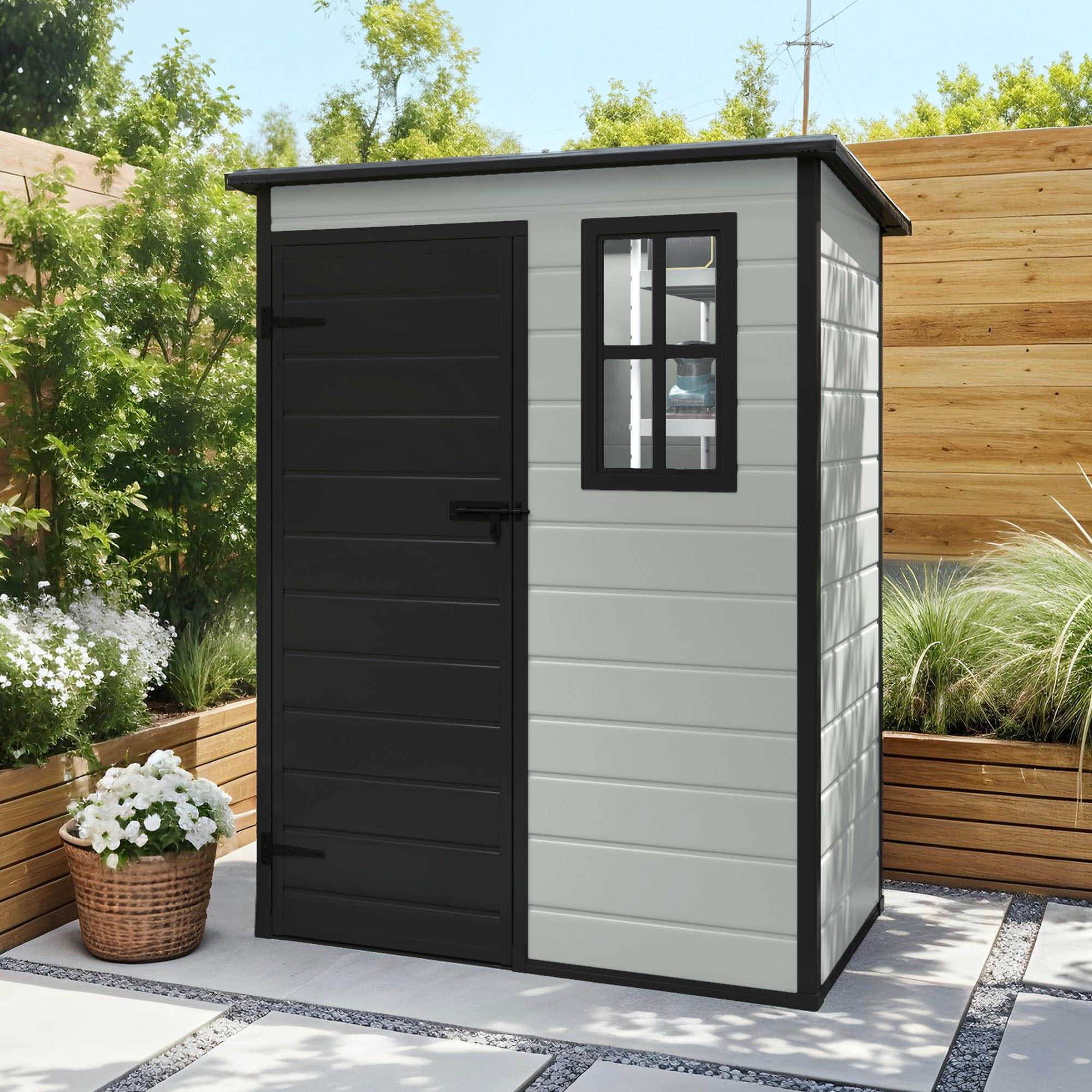ModFusion 5x3 Ft Storage Shed with Window, Floor, Lockable Door, 65 CuFT Plastic Resin, Sloped ...