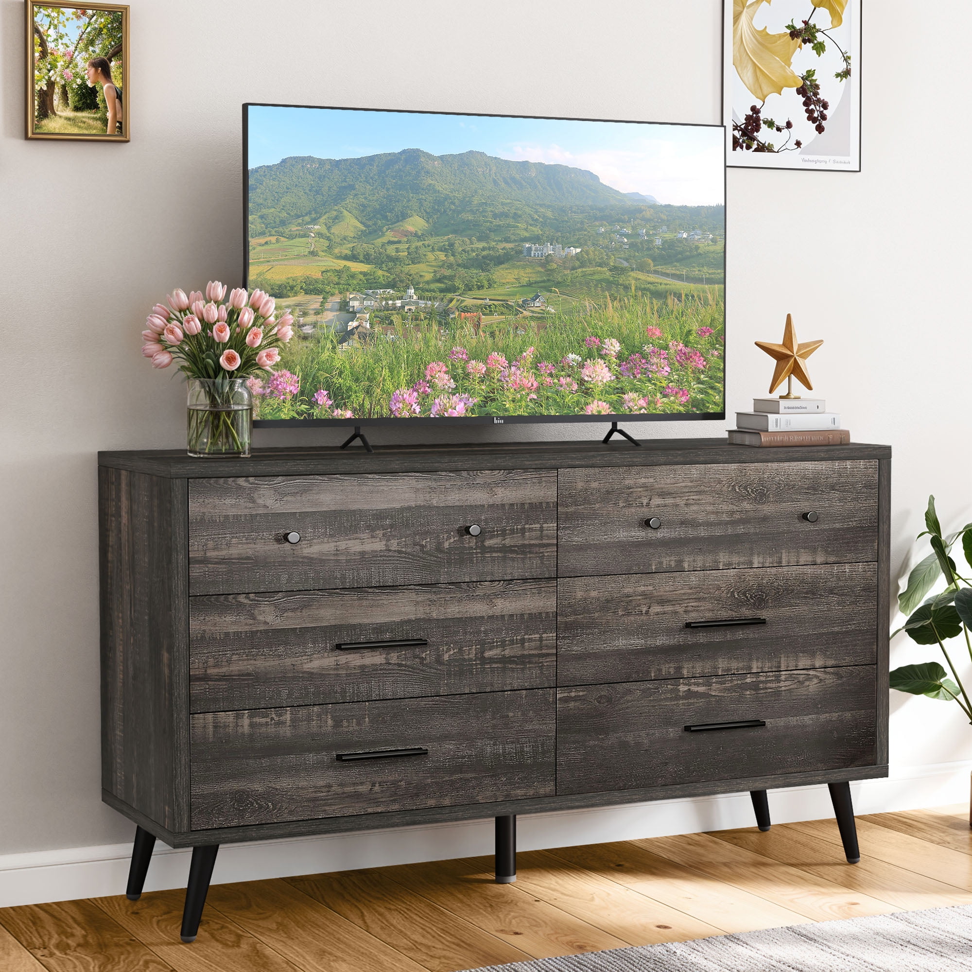 ModFusion 6-Drawer Horizontal TV Stand and Storage Cabinet, Wood Chest ...