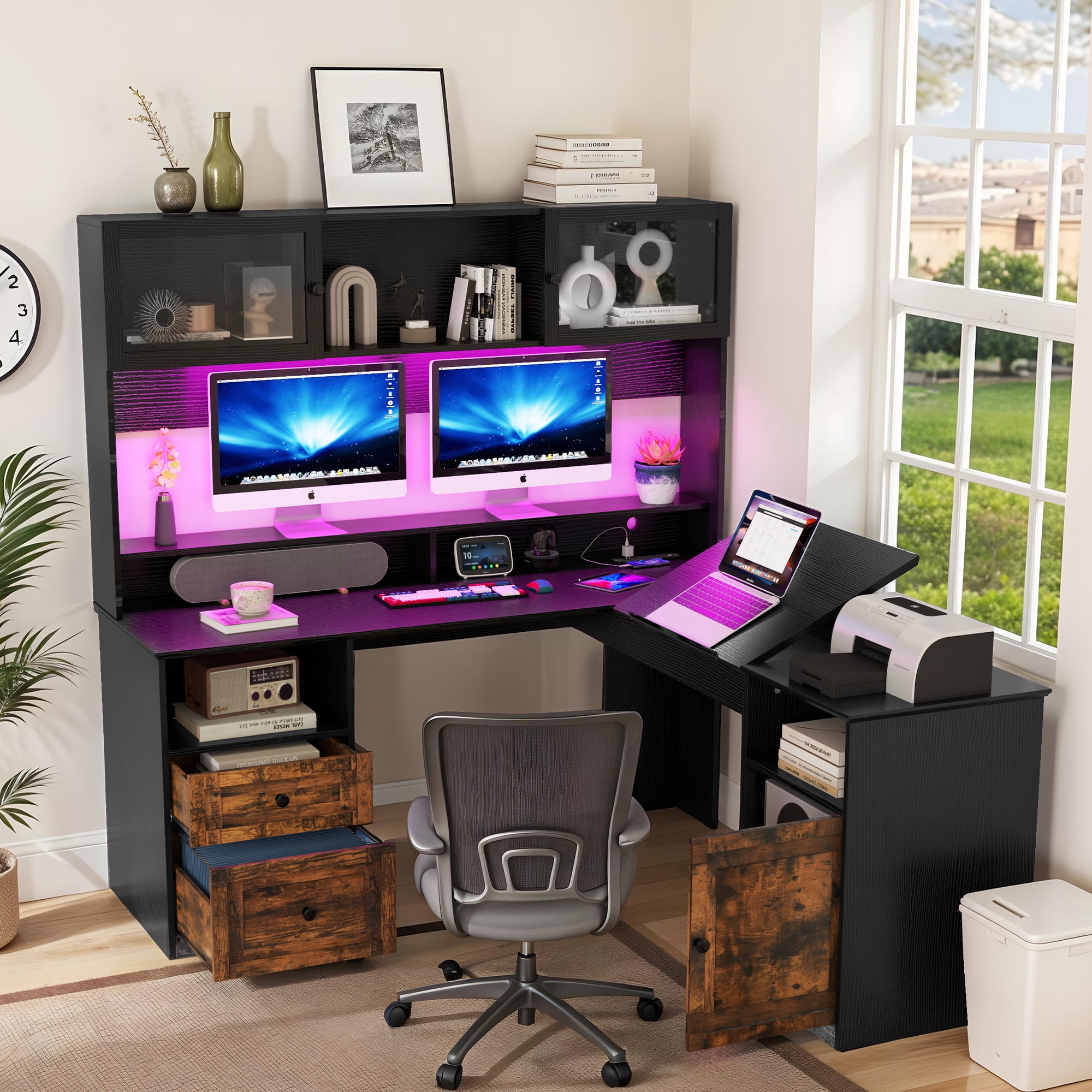 ModFusion 61" L-Shaped Computer Desk with Power Outlets, RGB LED Lights ...