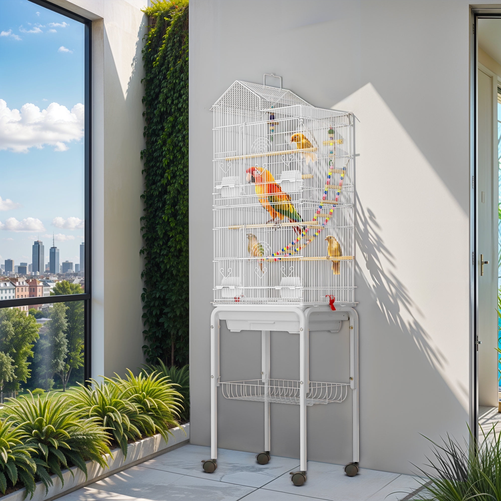 ModFusion 62" Roof Top Metal Birdcage for Parakeets, Lovebirds & Sun Conure with Rolling Stand ...