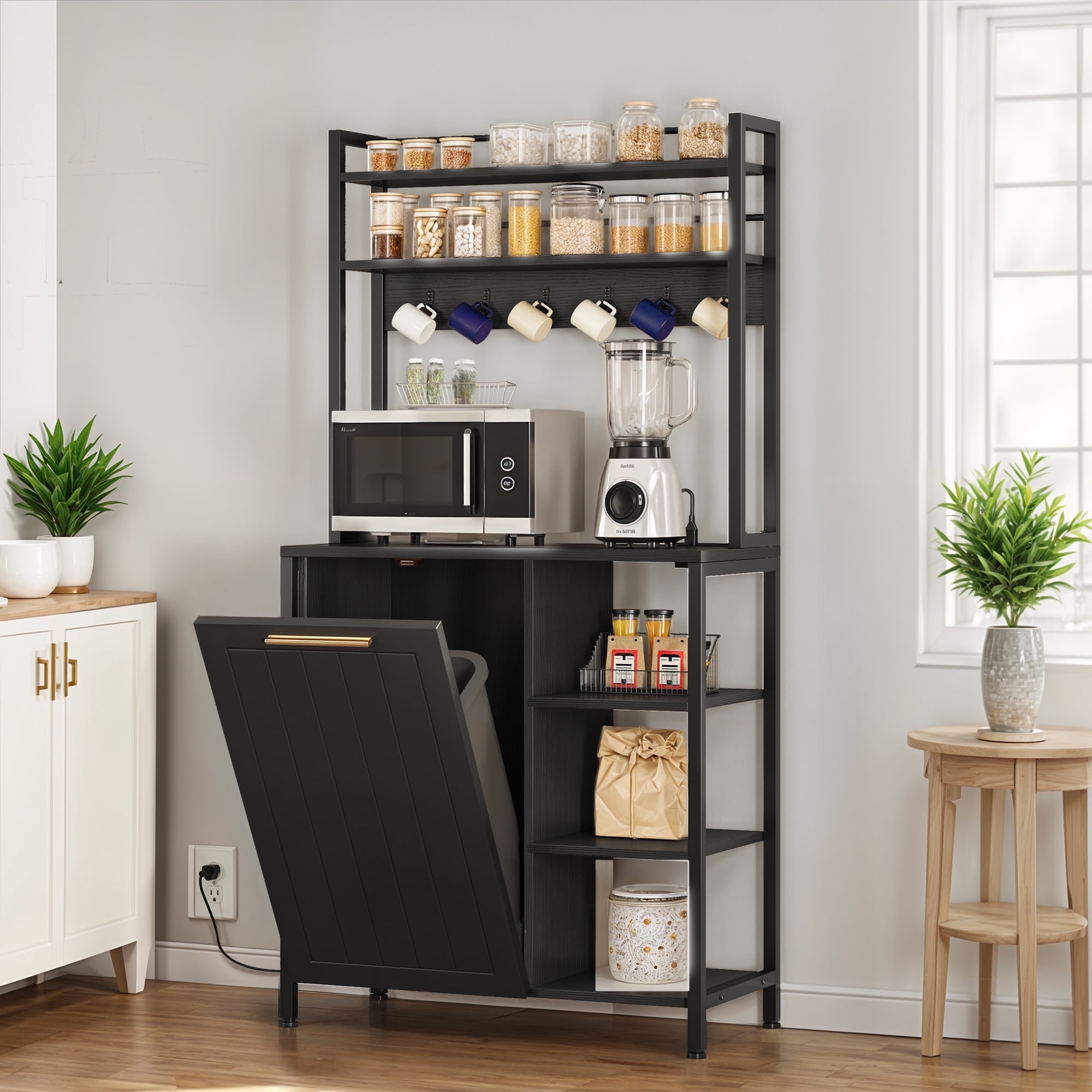 ModFusion 63” Bakers Rack with Trash Can Bin Cabinet, Power Outlet ...