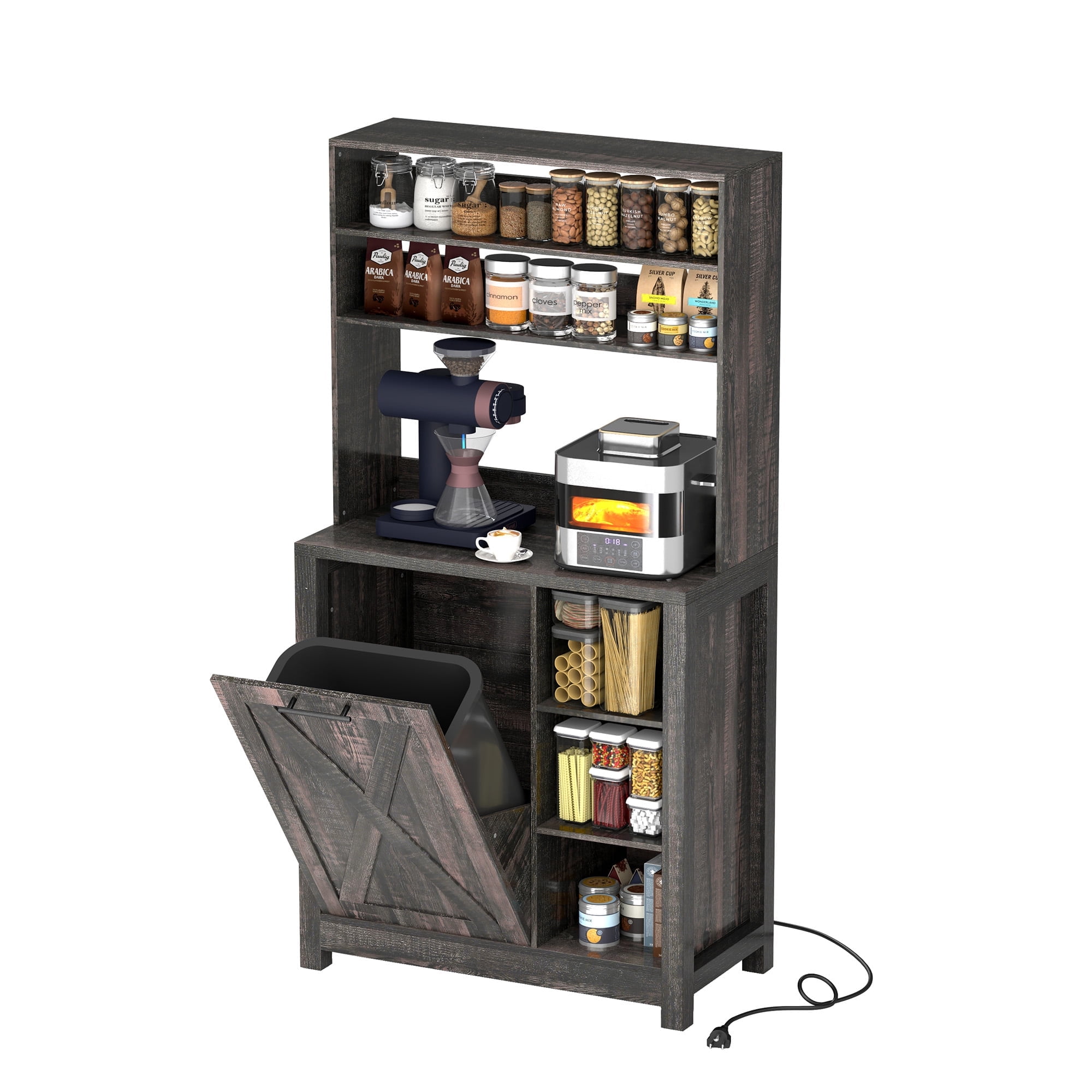 ModFusion 63-Inch Farmhouse Bakers Rack with Power Outlet, Trash Can ...