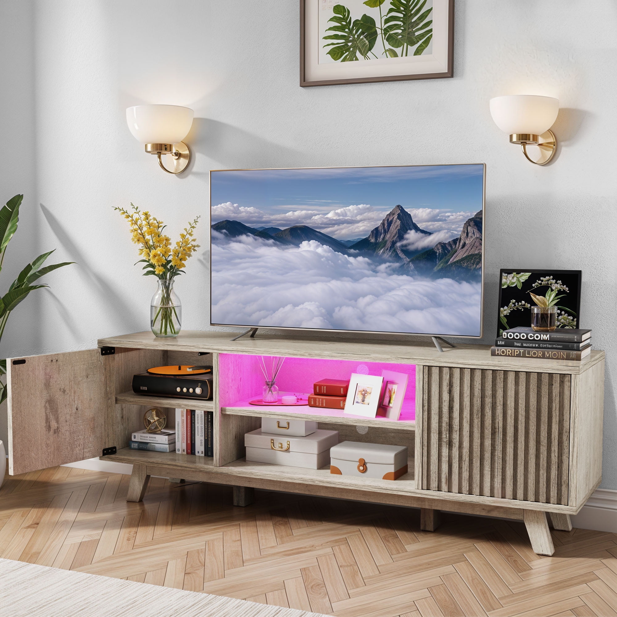 ModFusion 65-Inch Freestanding Gray Television Stand with Adjustable Shelves, 2 Doors, and 6 ...