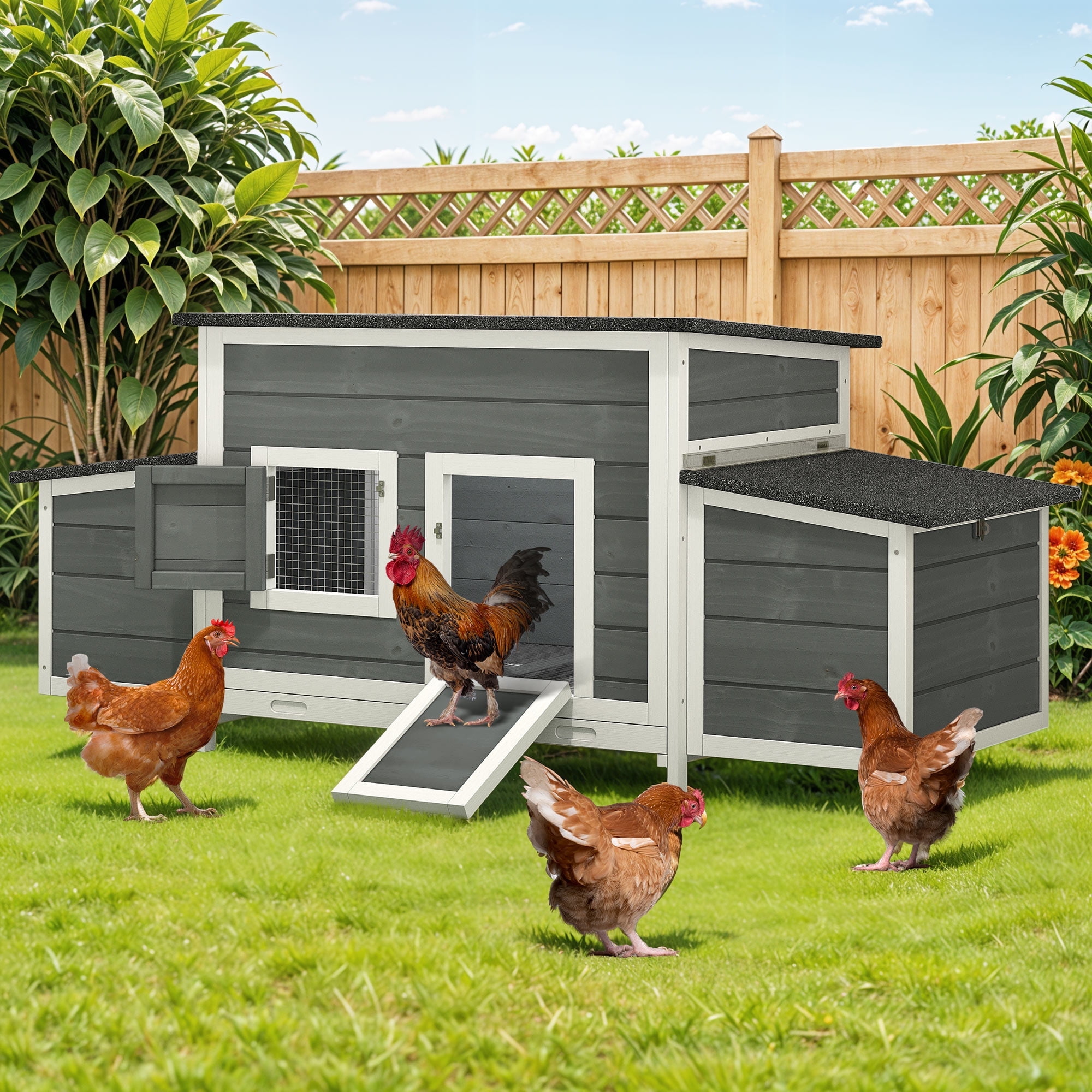 ModFusion 67-Inch Wooden Chicken Coop with Weatherproof Roof & 2 ...