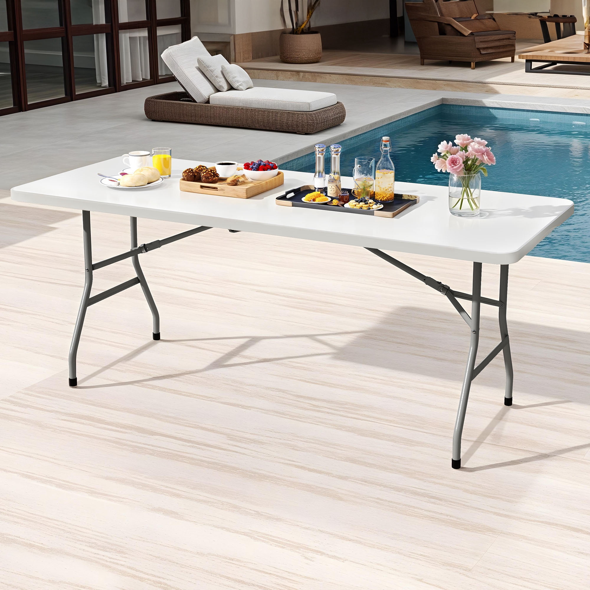 ModFusion 6ft Folding Outdoor Picnic Table, White Tabletop & Grey Legs ...