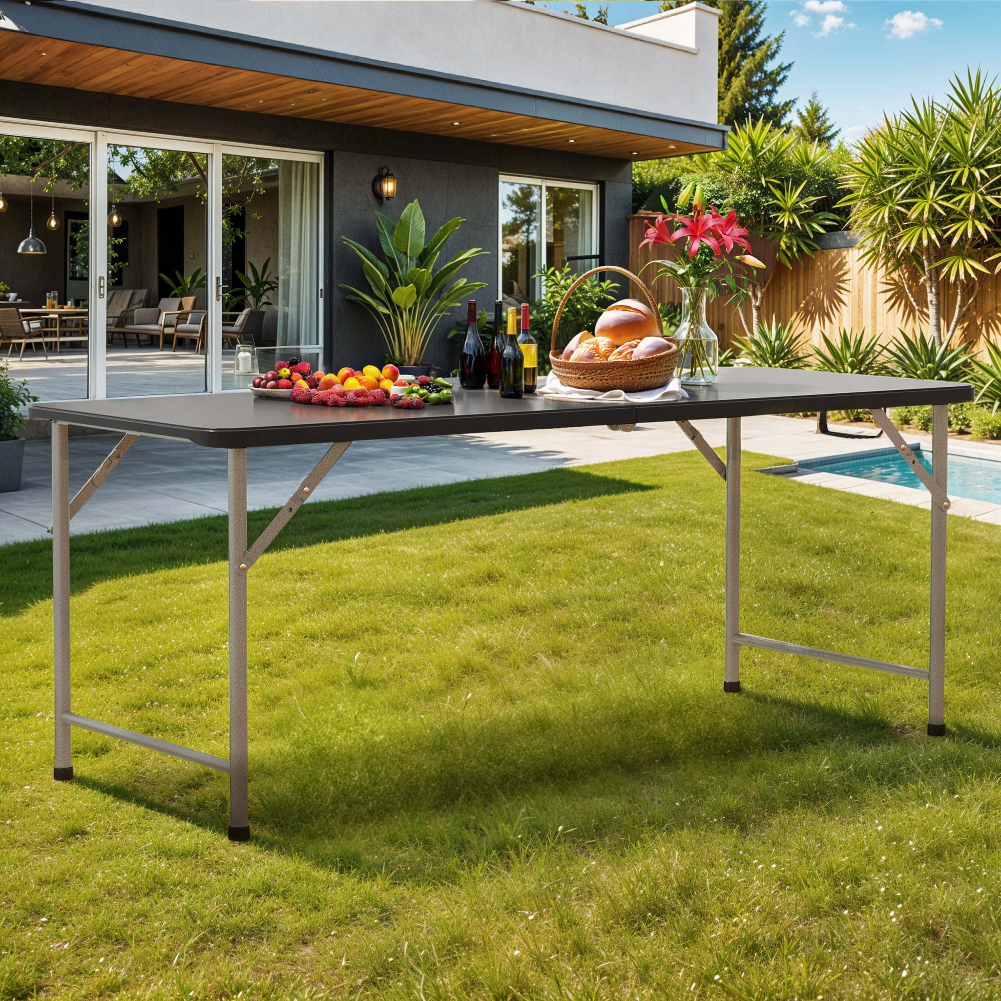 ModFusion 6ft Outdoor Folding Table with Heavy-Duty Tabletop and Carrying Handle for Picnic ...