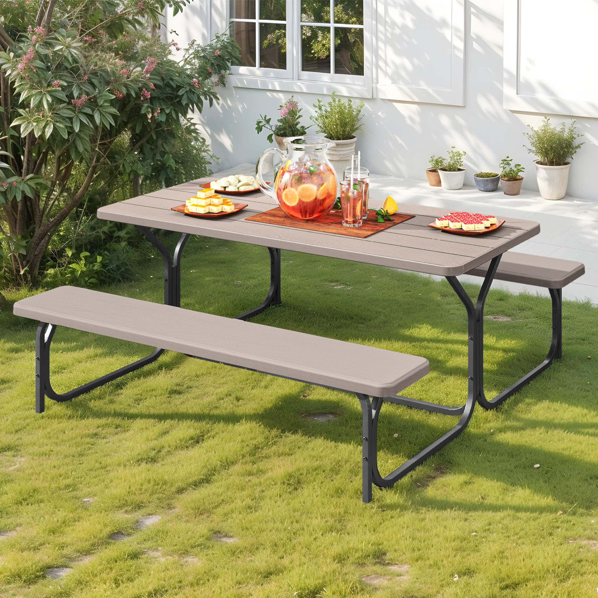 ModFusion 6ft Outdoor Picnic Table & Chair Set with Light Brown Wood ...