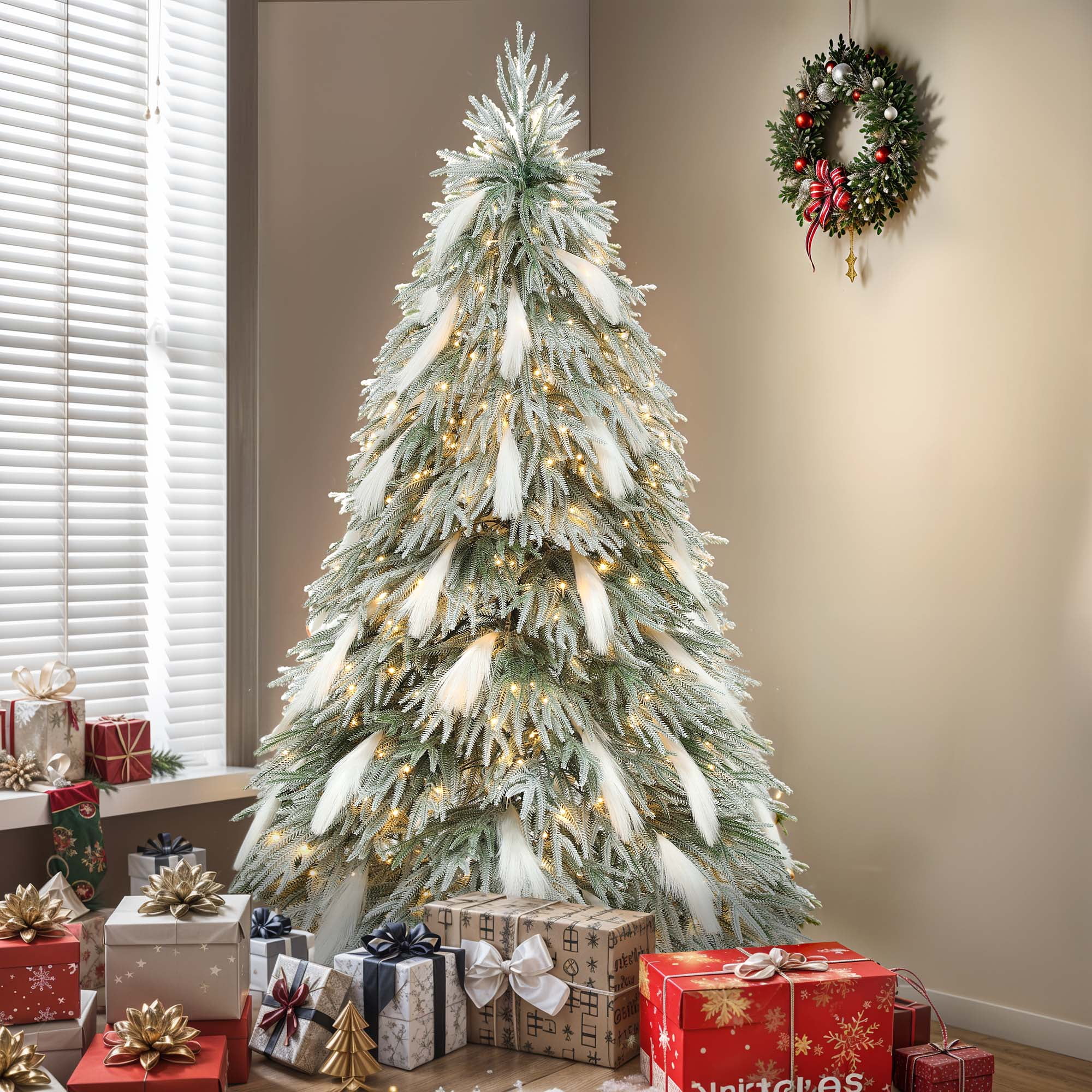 ModFusion 7.5ft Pre-Lit Flocked Natural Drooping Pampas Christmas Tree ...