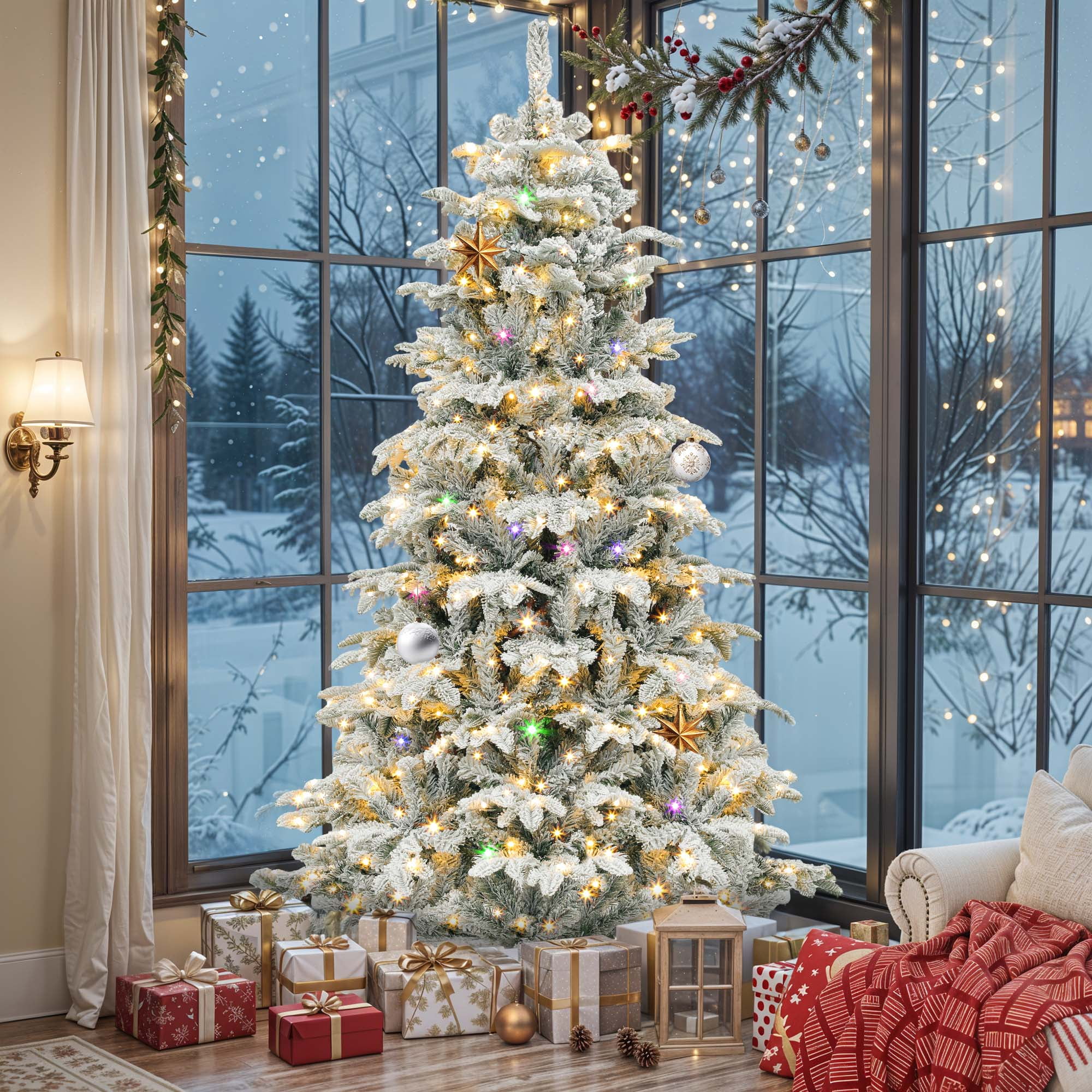 ModFusion 7.5ft Pre-Lit Snow Flocked Christmas Tree Layered Artificial ...