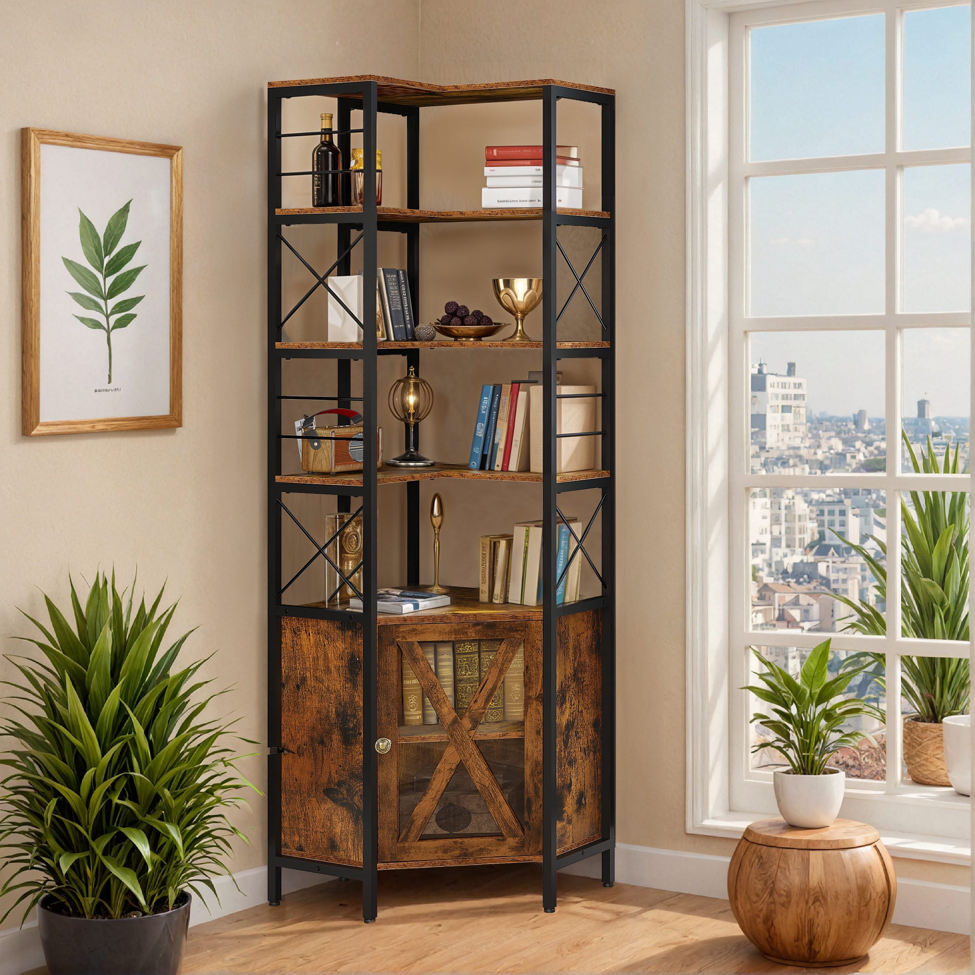 ModFusion 7 Shelf Bookcase with Door, Corner Bookshelf with Storage ...