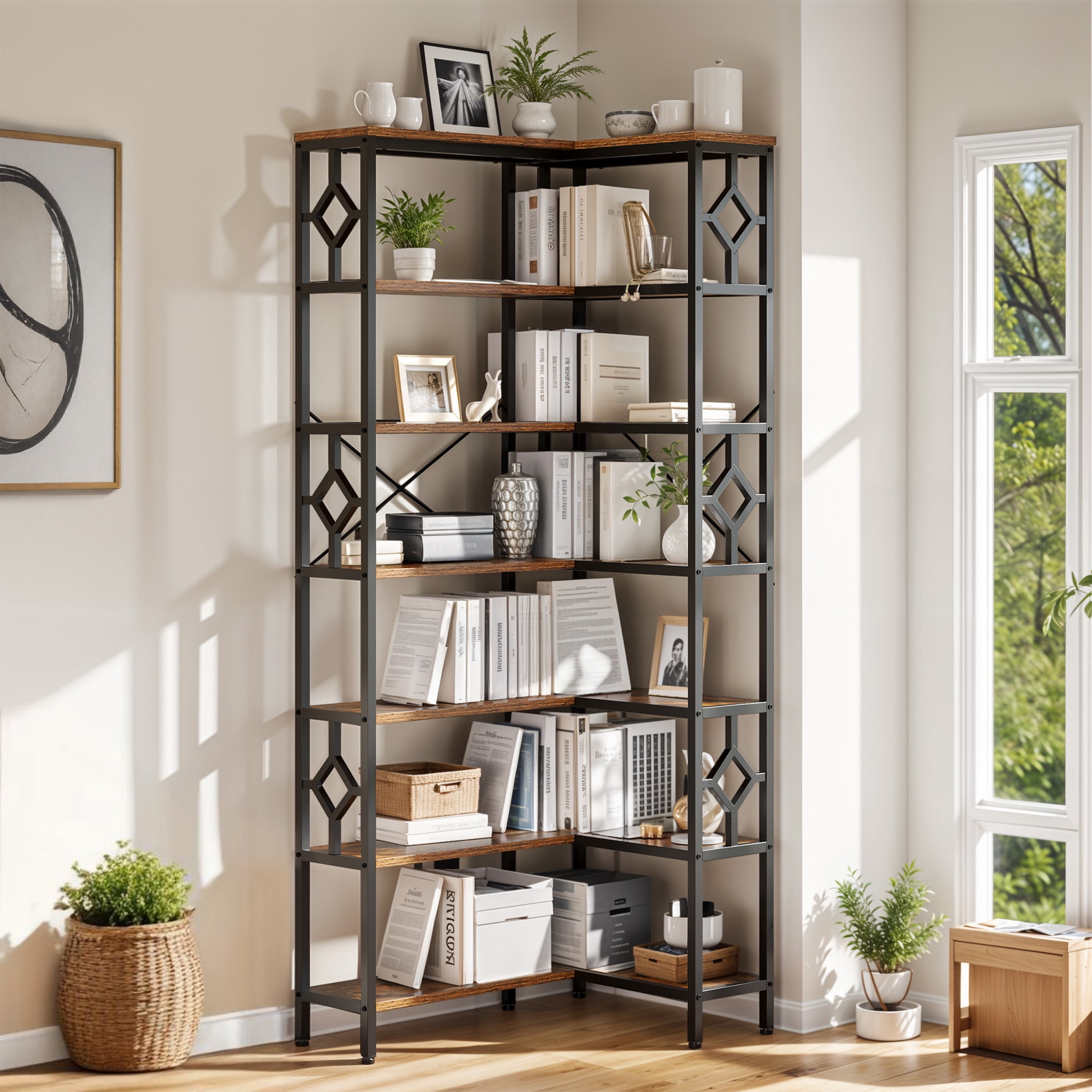 ModFusion 7 Tier Bookshelf, Tall Corner Bookcase with Metal Frame ...