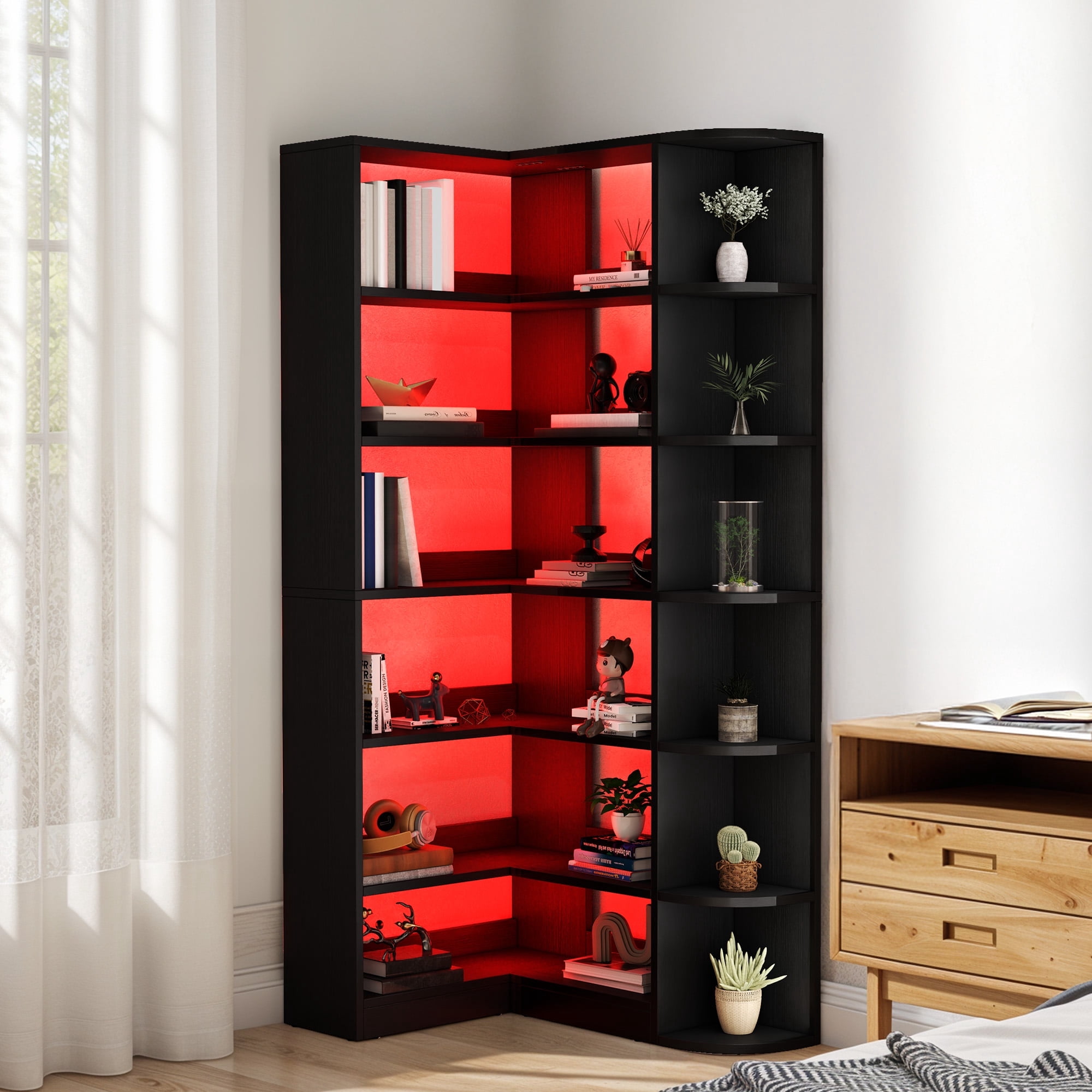 ModFusion 70.8” 6-Tier Tall L-Shaped Rotating Corner Bookshelf with RGB ...