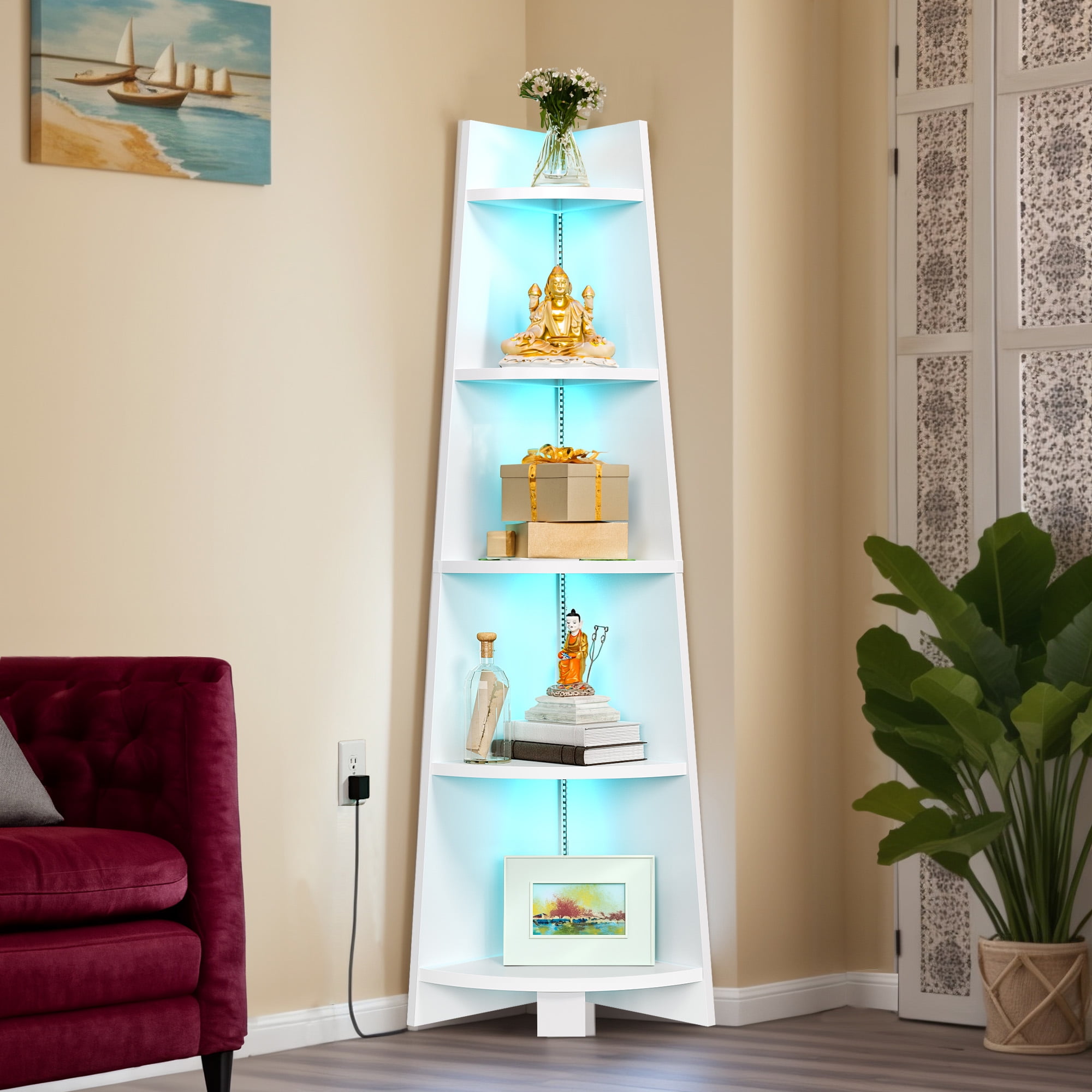 ModFusion 70,9" Corner Shelf with Led Light, 5 Tier Corner Bookcase ...