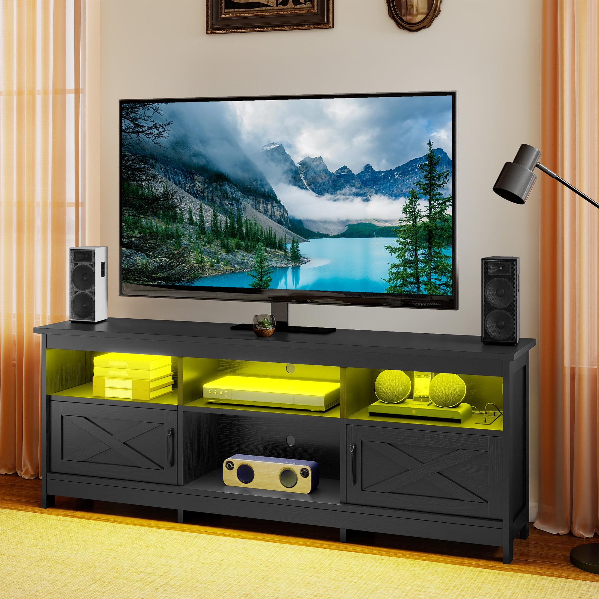 ModFusion 70" Black TV Stand Cabinet, RGB LED, Power & USB Outlets ...