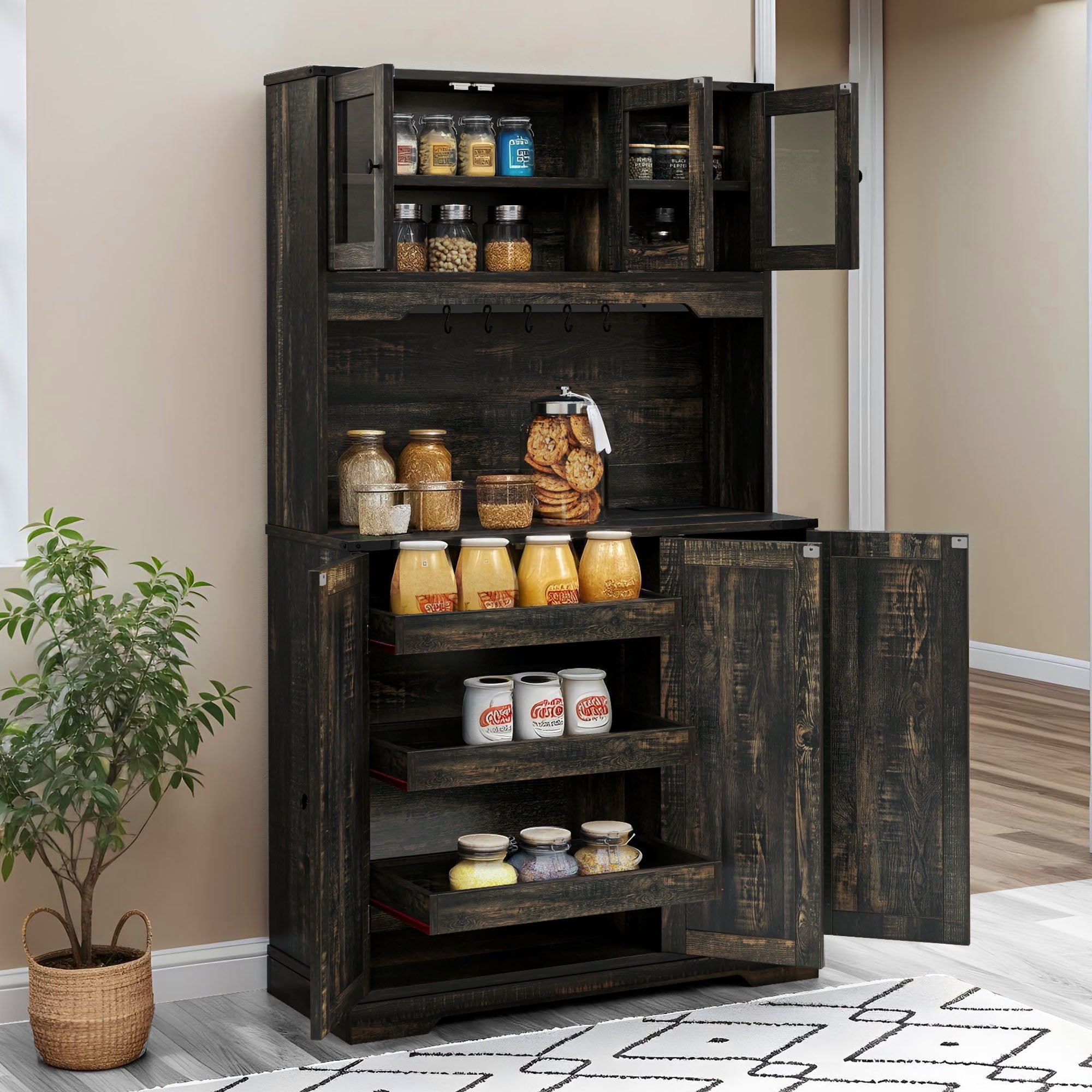 ModFusion 70-Inch Tall Rustic Pantry Cabinet with Power Strip Outlet ...