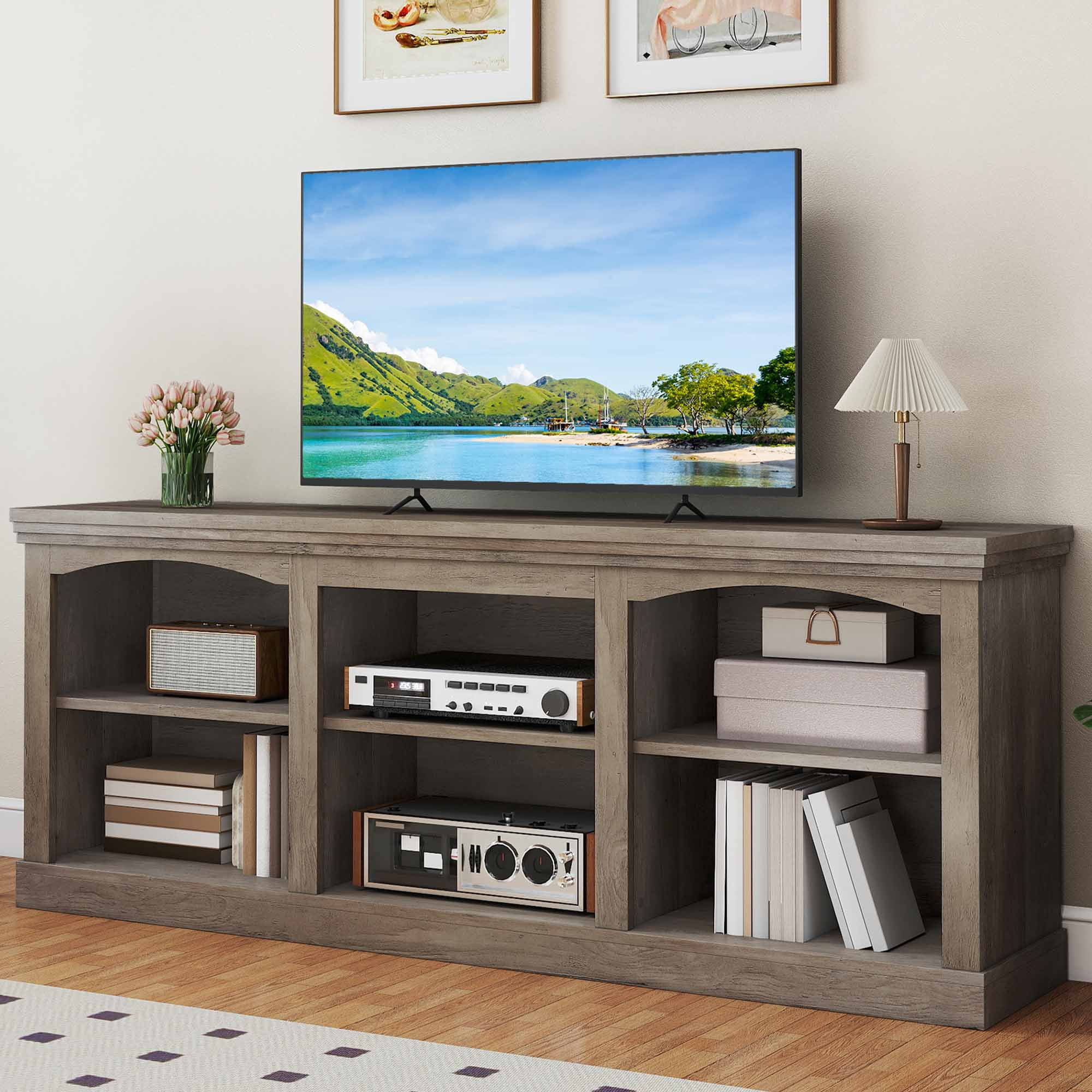 ModFusion 70” Washed Ash TV Cabinet, 6-Compartment Entertainment Center ...