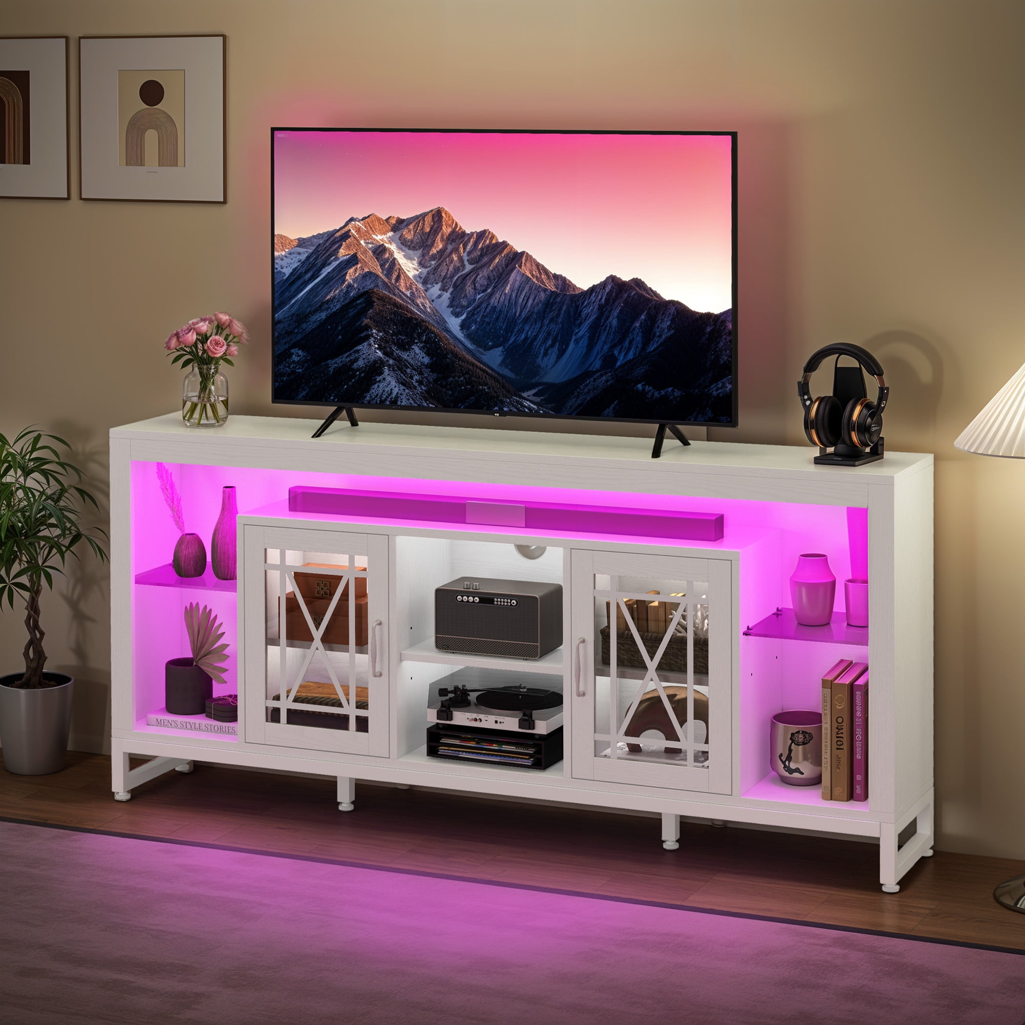 ModFusion 70" White TV Cabinet with Storage, RGB LED Lights, Power ...