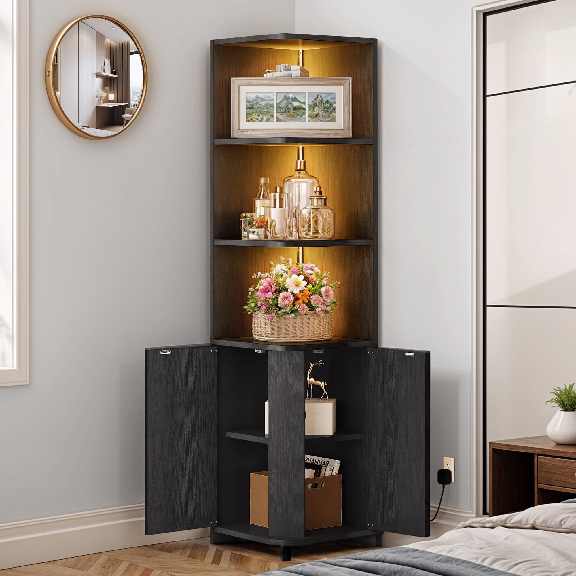 ModFusion 71.1” LED Corner Cabinet: Tall Black Display Shelf with Door ...