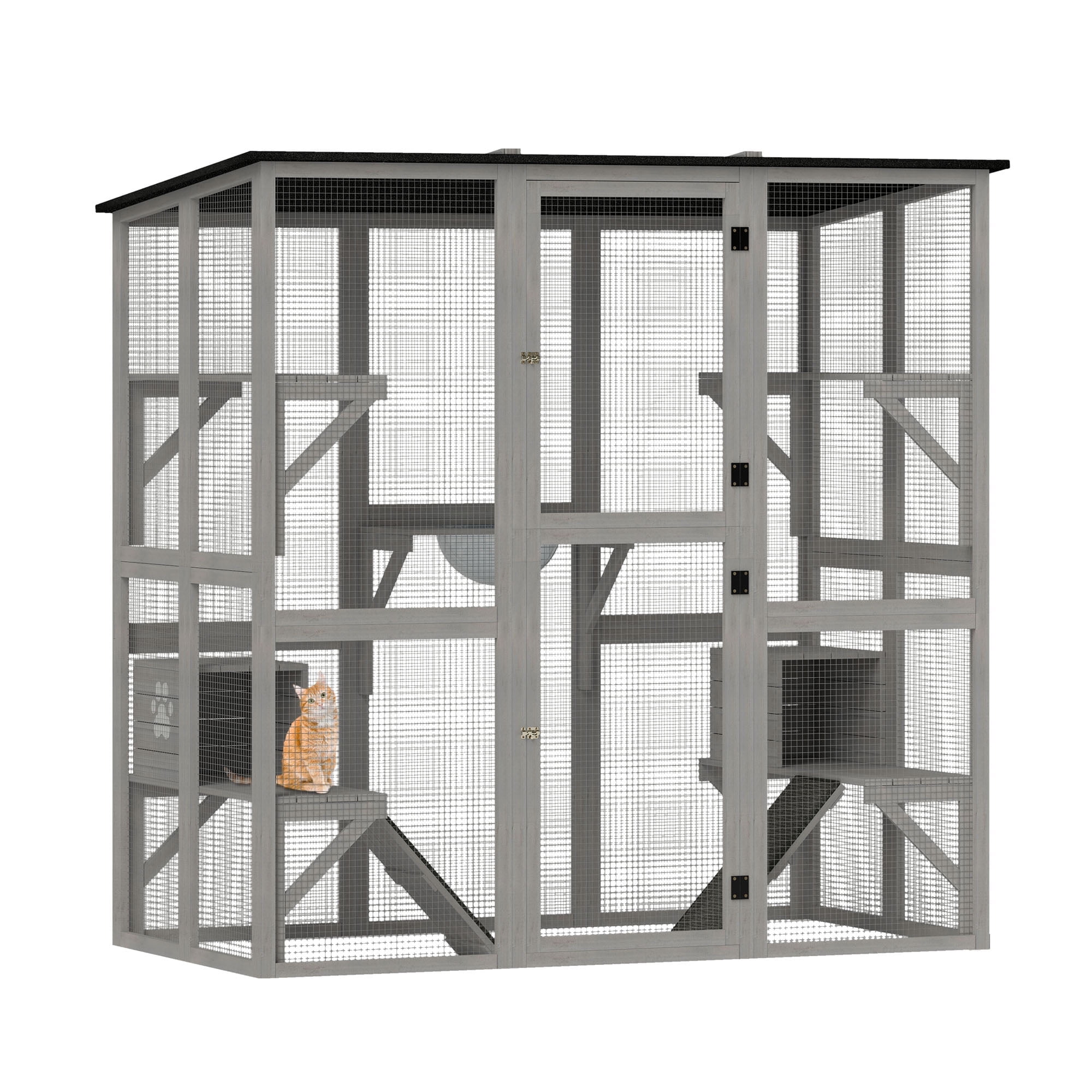 ModFusion 71" Weatherproof Wooden Cat Cage with 5 Platforms & 2 Cozy ...