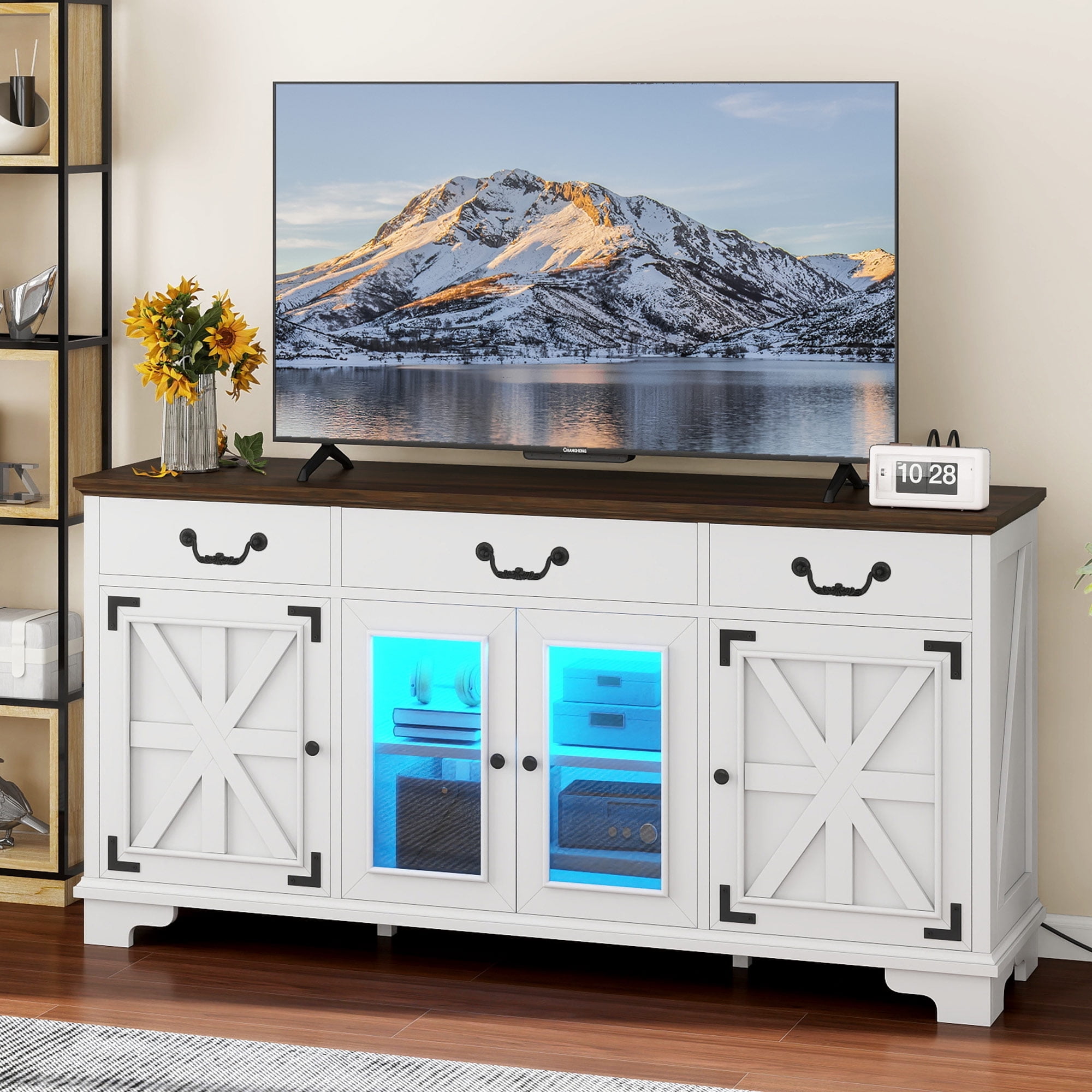 ModFusion 75-Inch White TV Stand with Adjustable Shelves, LED Lights ...