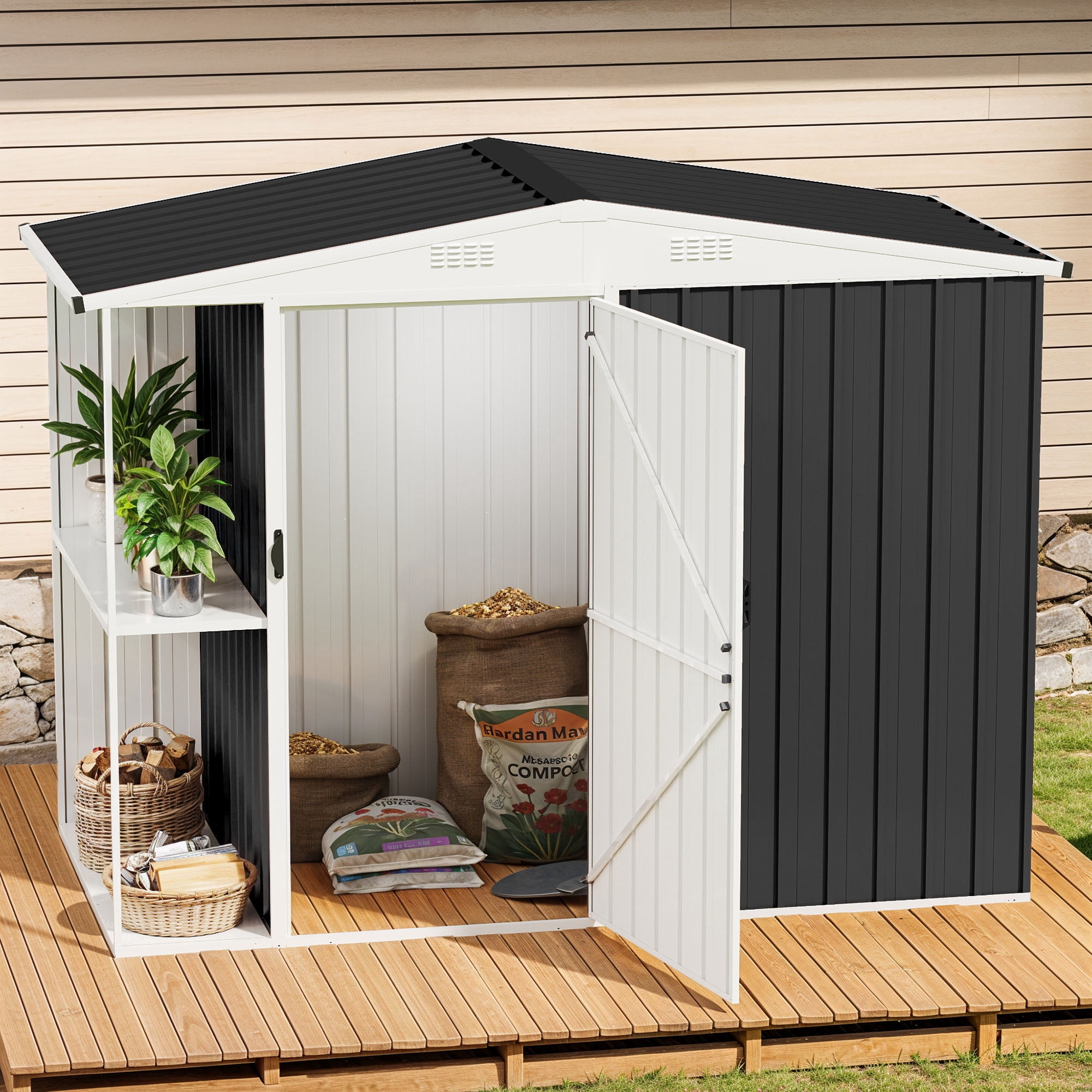 ModFusion 8×4 Metal Storage Shed with Dual Shelves, Air Vents, Bikes ...