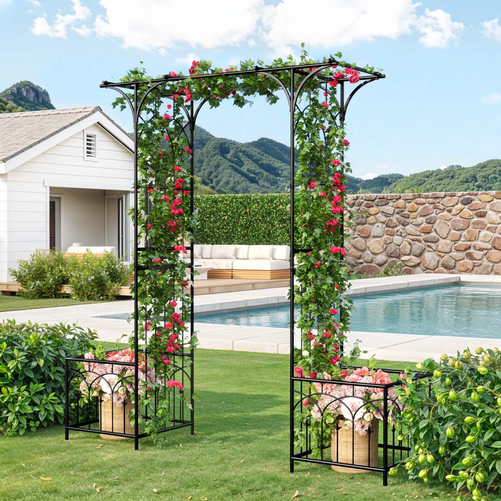 ModFusion 80-Inch Tall Metal Garden Arbor with Planter Boxes, Stakes ...