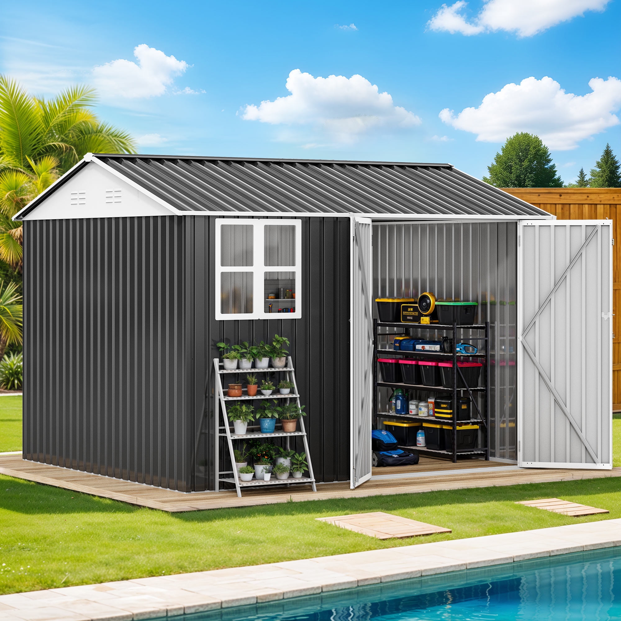 ModFusion 8x10 ft Storage Shed with Large Window, Lockable Double Door ...