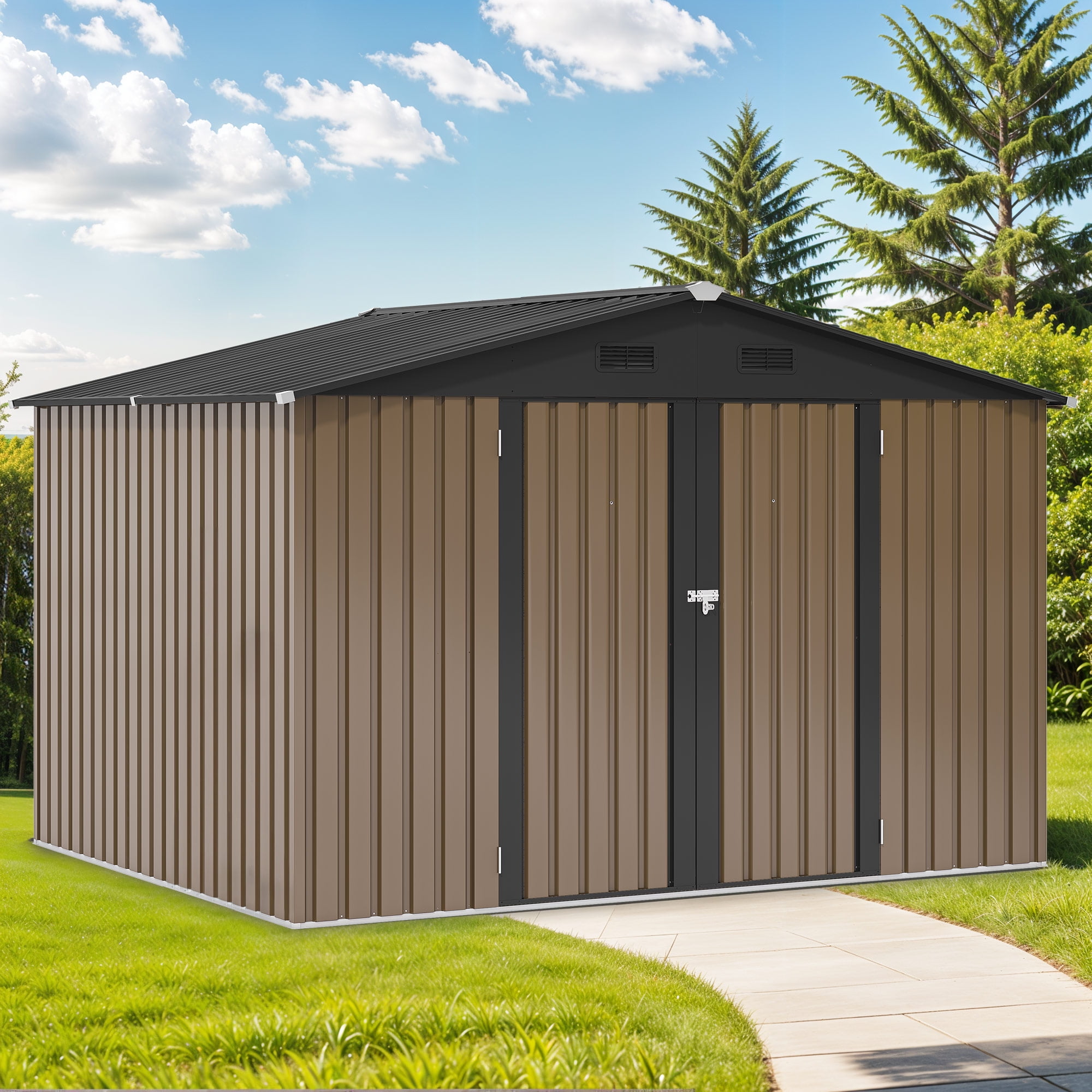 ModFusion 9.2x7.4 FT Metal Storage Shed, Lock, Large Outdoor Garden ...