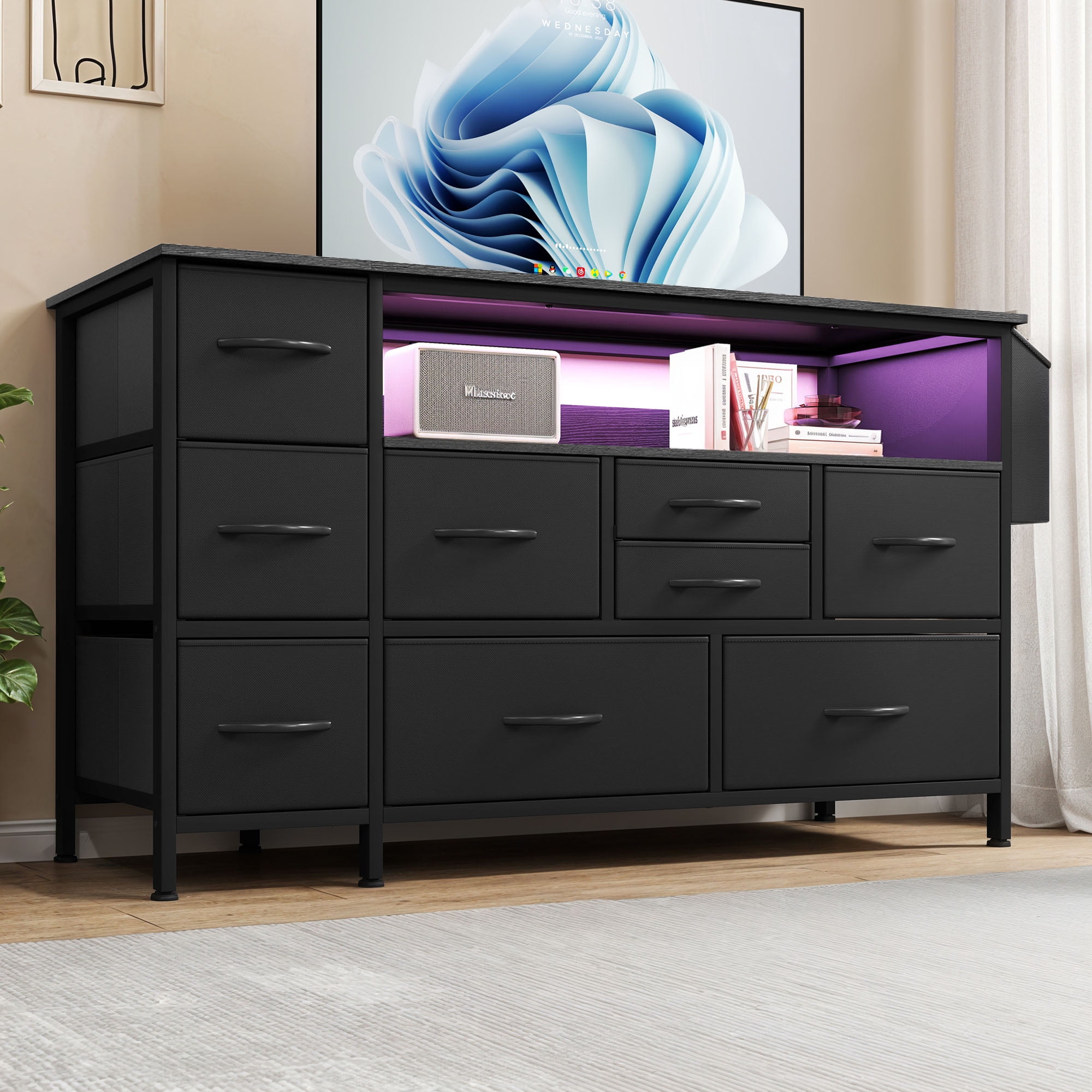 ModFusion 9-Drawer Fabric TV Stand Dresser with Power Outlet & LED ...