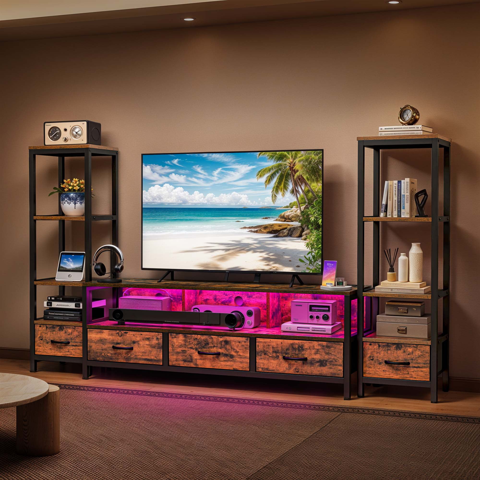 ModFusion 90" Rustic Brown TV Cabinet with LED Lights, Embedded ...