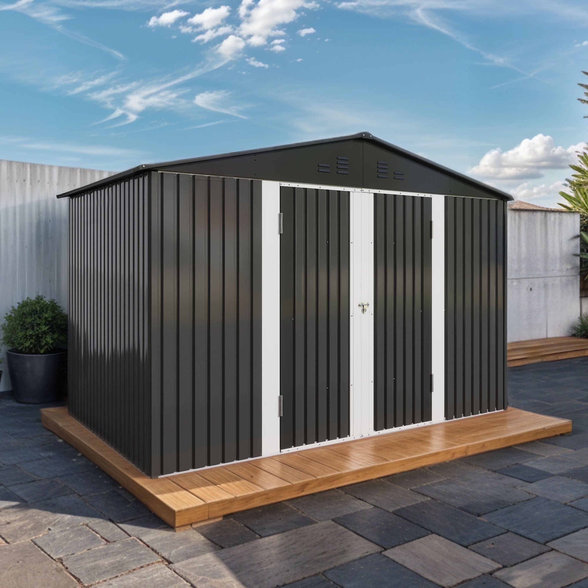 ModFusion 9x6 ft Metal Storage Shed with Lockable Double Doors, Airflow ...
