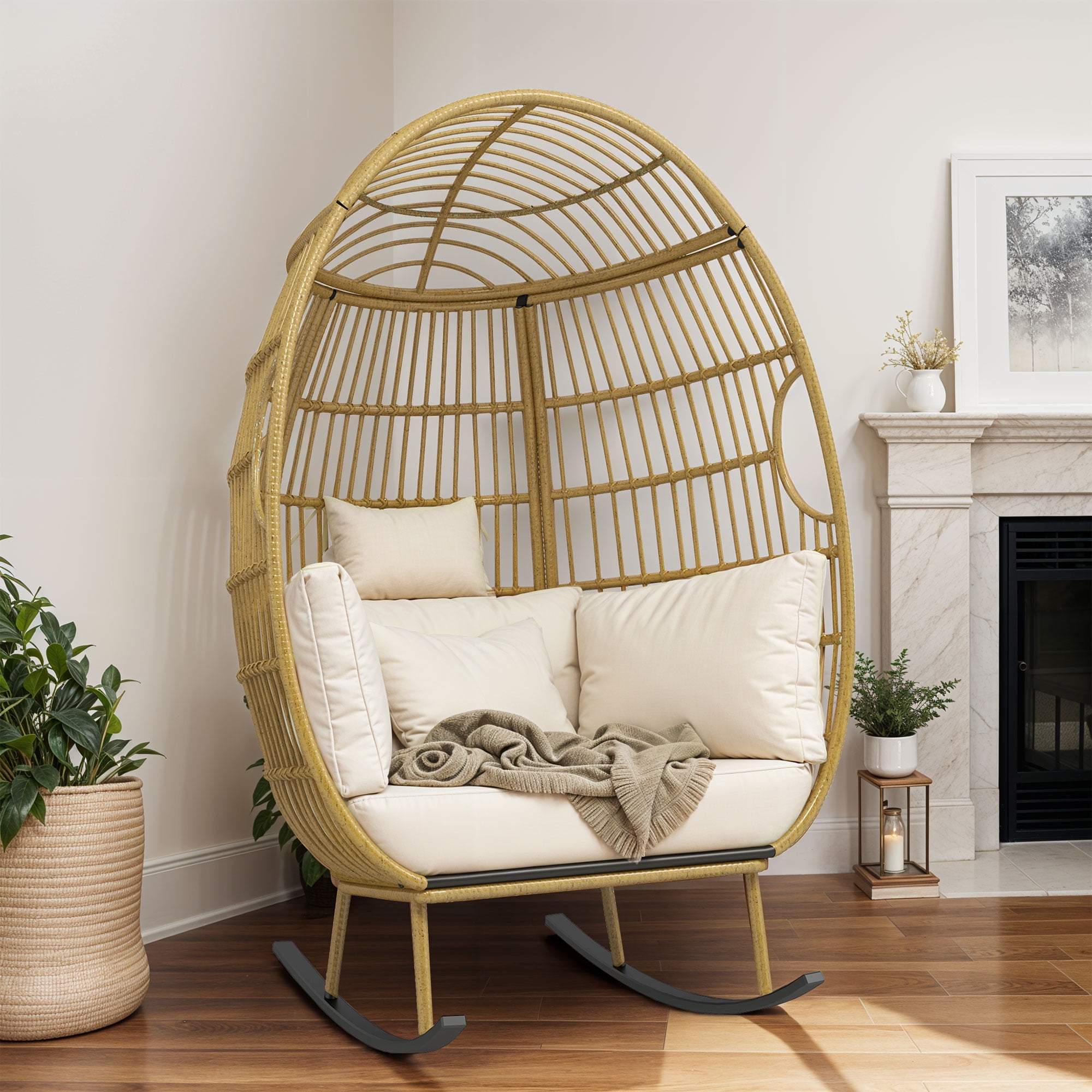 ModFusion Beige Rocking Egg Chair, All-Weather Rattan Wicker with Metal ...