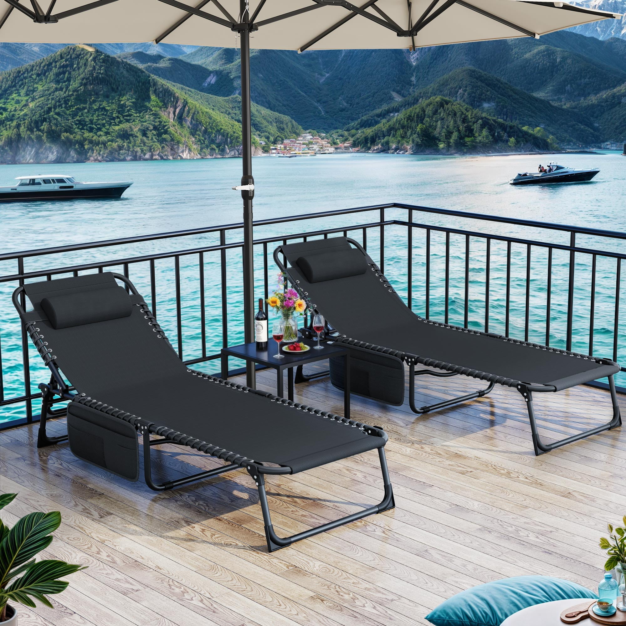 ModFusion Black Folding Lounge Chair, Adjustable, Metal Frame, Indoor ...