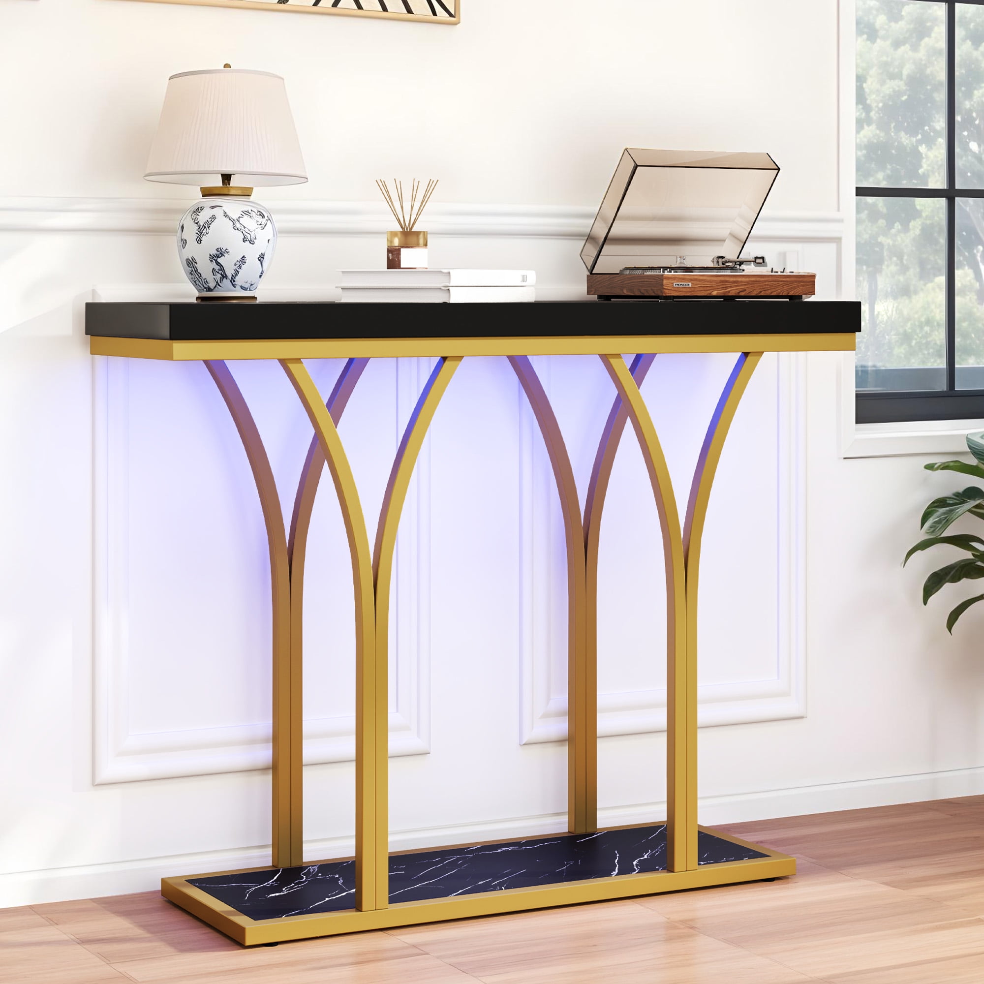 ModFusion Black Glossy Marble Entryway Table, Gold Powder-Coated Frame ...