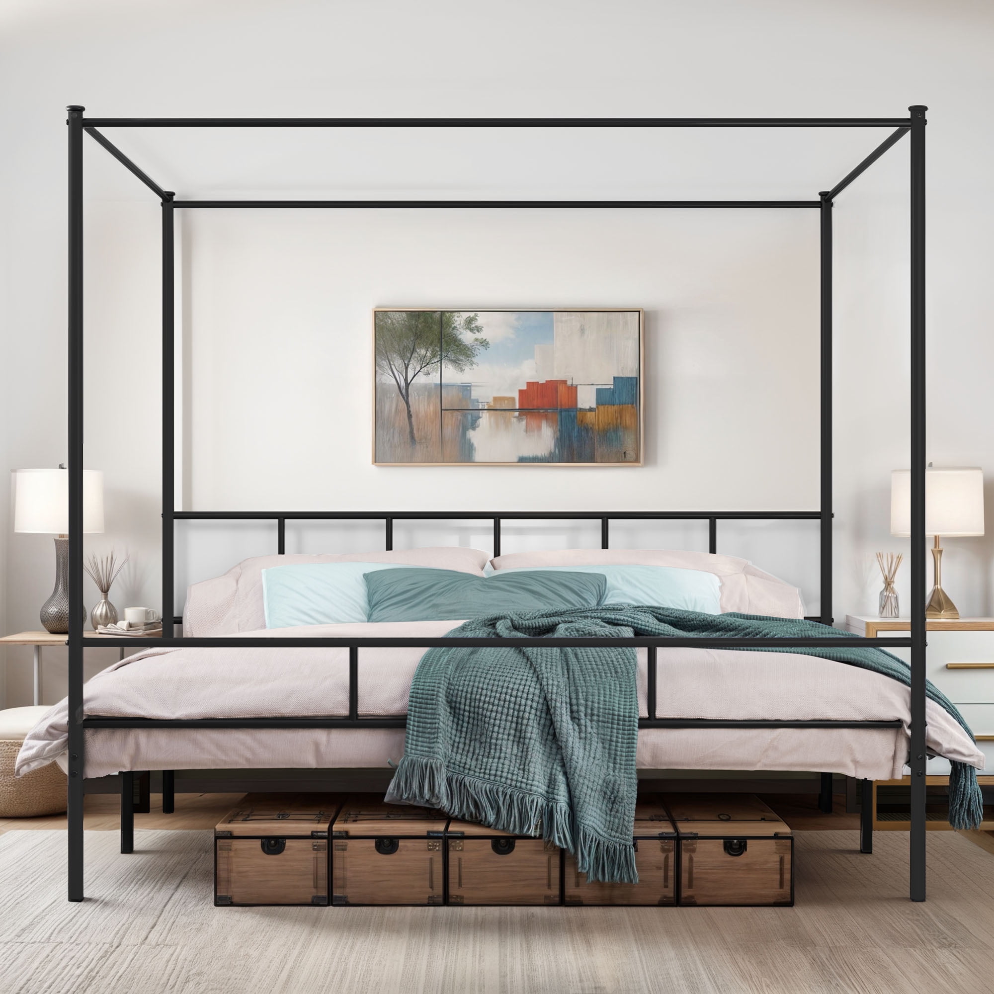 ModFusion King Size Black Metal Canopy Bed with Built-in Headboard ...