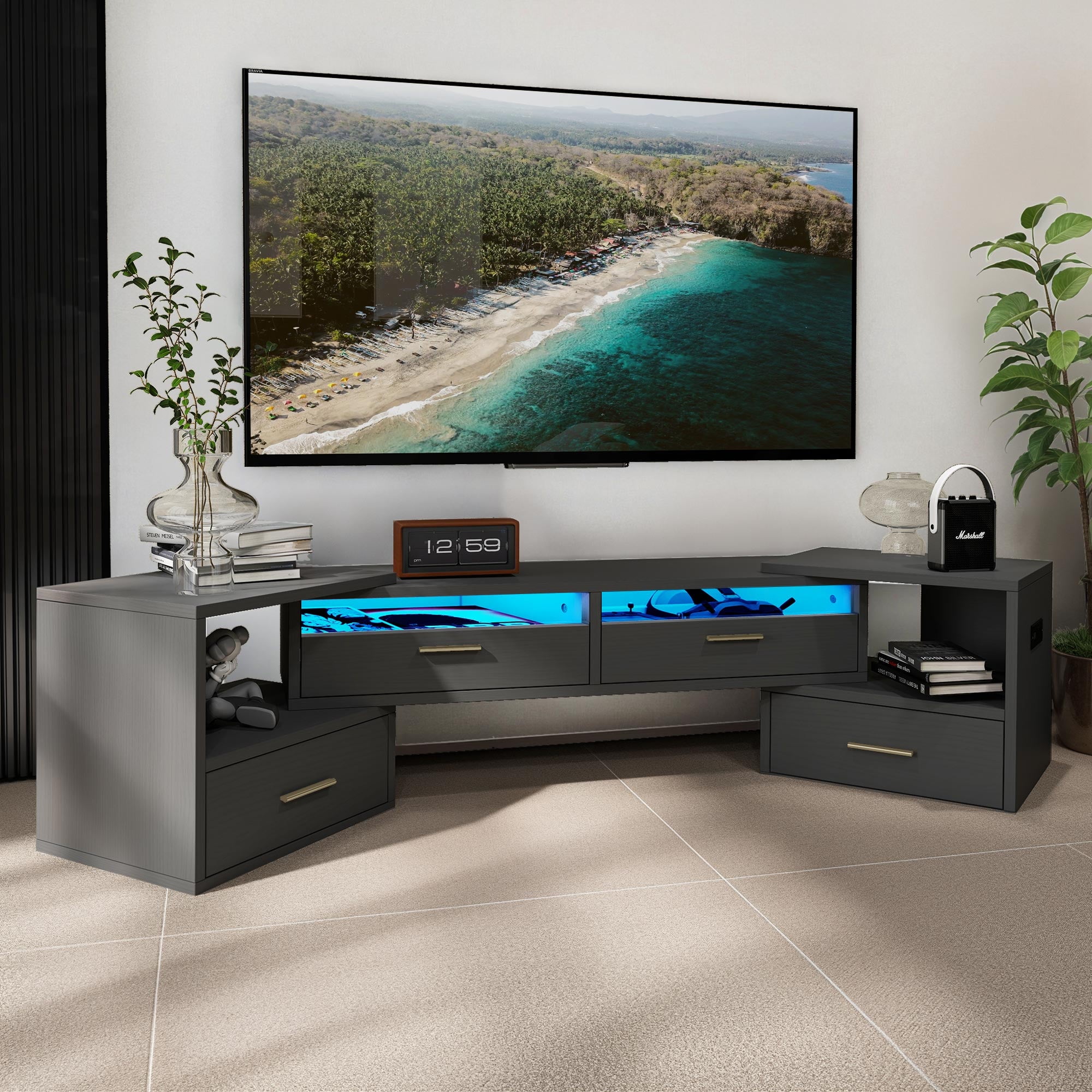 ModFusion Black LED Lights TV Stand, Media Console, Open Shelves ...