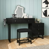 ModFusion Black Makeup Vanity Set with LED Lighted Mirror, Stool, Power Station & 5 Drawers ...