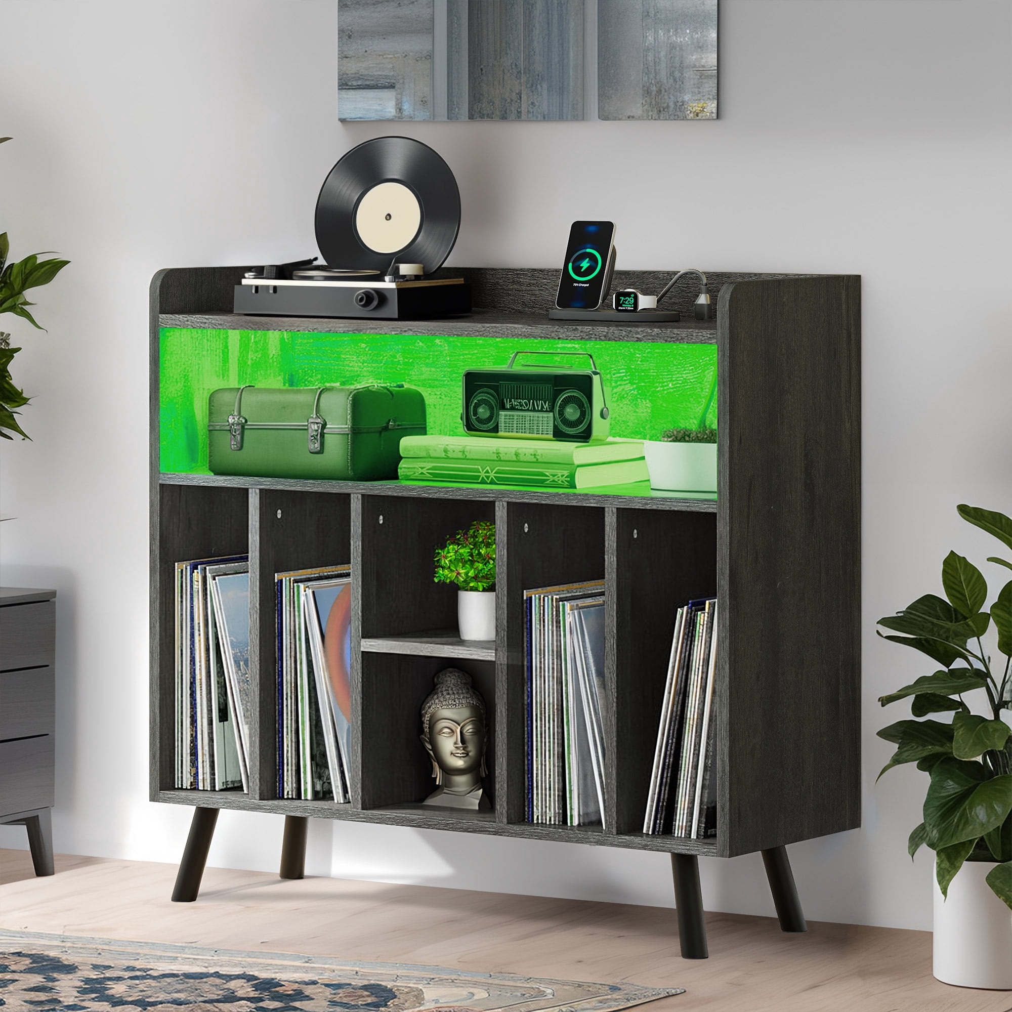 ModFusion Black Record Player Stand, Square 7-Shelf Freestanding Media ...