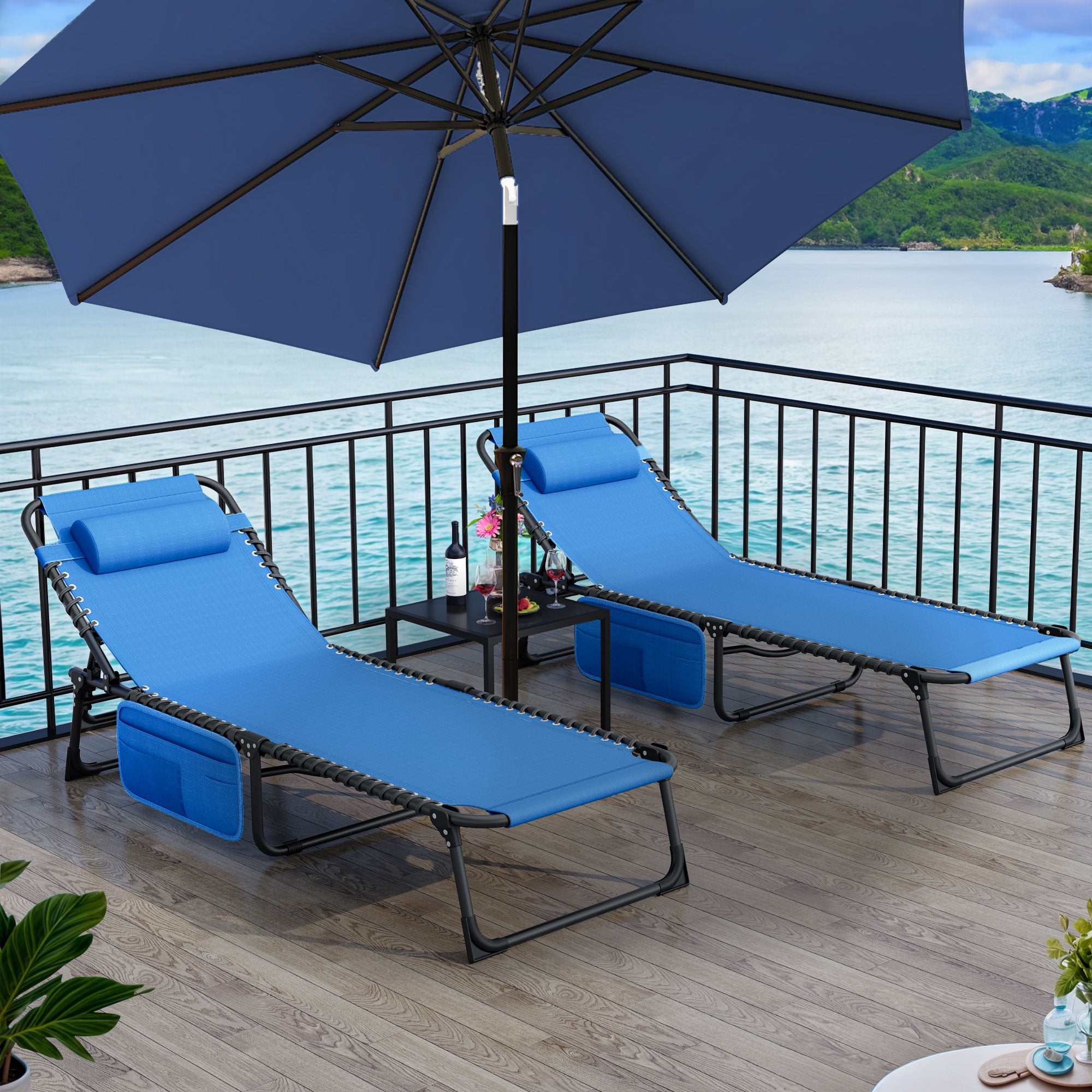 ModFusion Blue Folding Lounge Chair, Adjustable, Metal Frame, Indoor ...