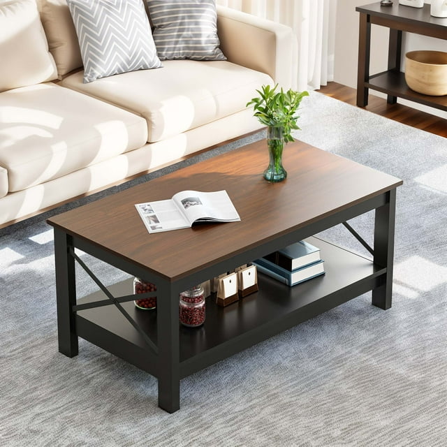 ModFusion Brown Wooden Double Decker Coffee Table with 2-Tier Open ...