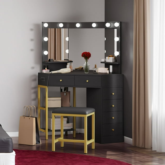 ModFusion Contemporary Corner Vanity Table: Complete with Bulbs, Mirror ...