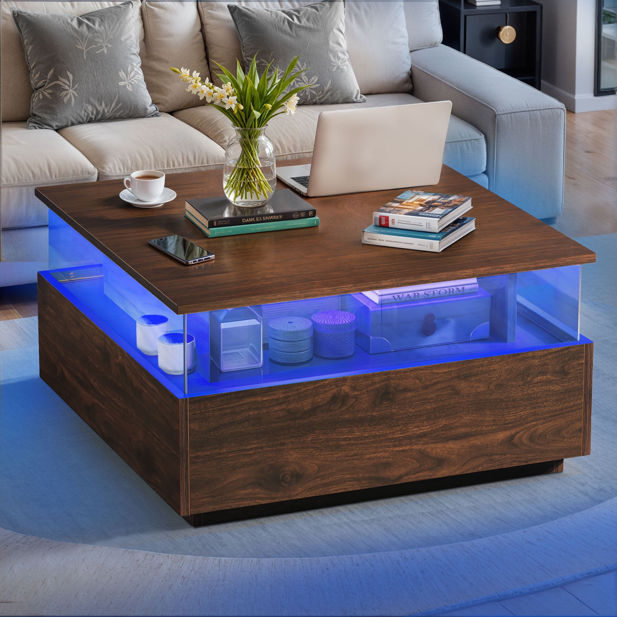 ModFusion Contemporary Square LED Coffee Table with 2 Drawers & Storage ...