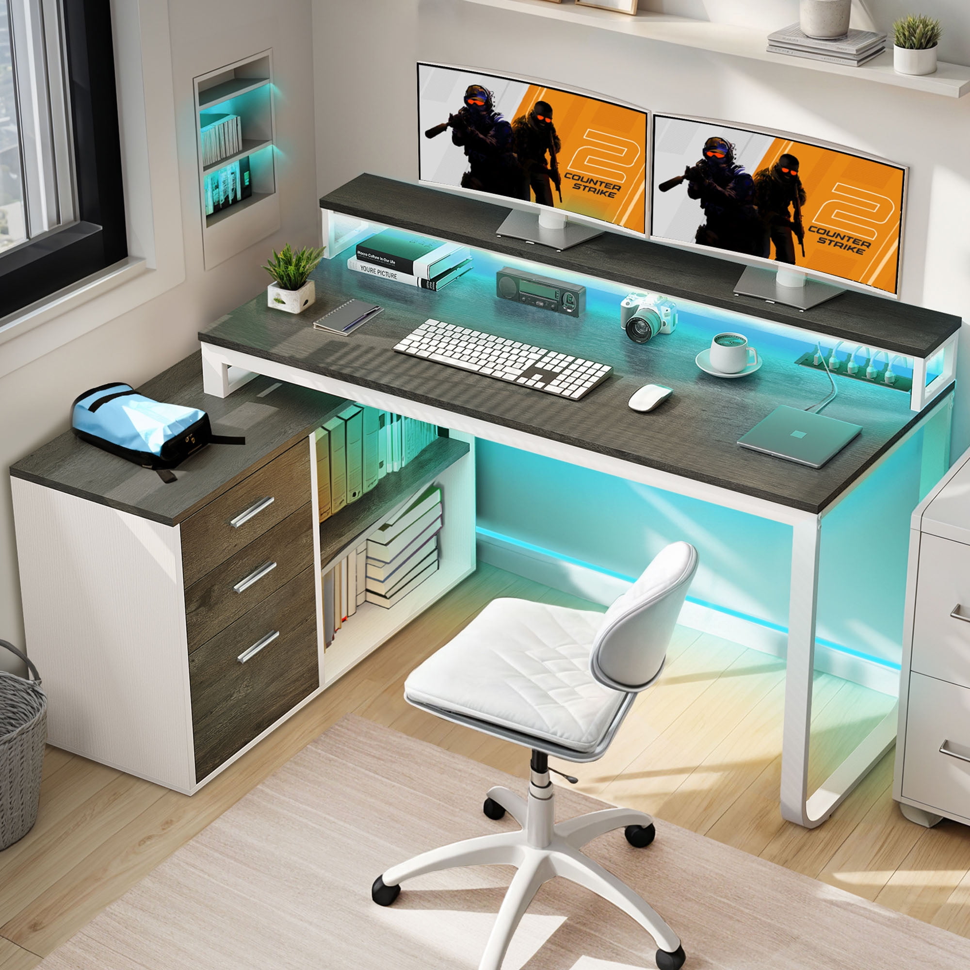 ModFusion Corner L-Shaped Desk with Power Outlets & LED Lights, Modern ...