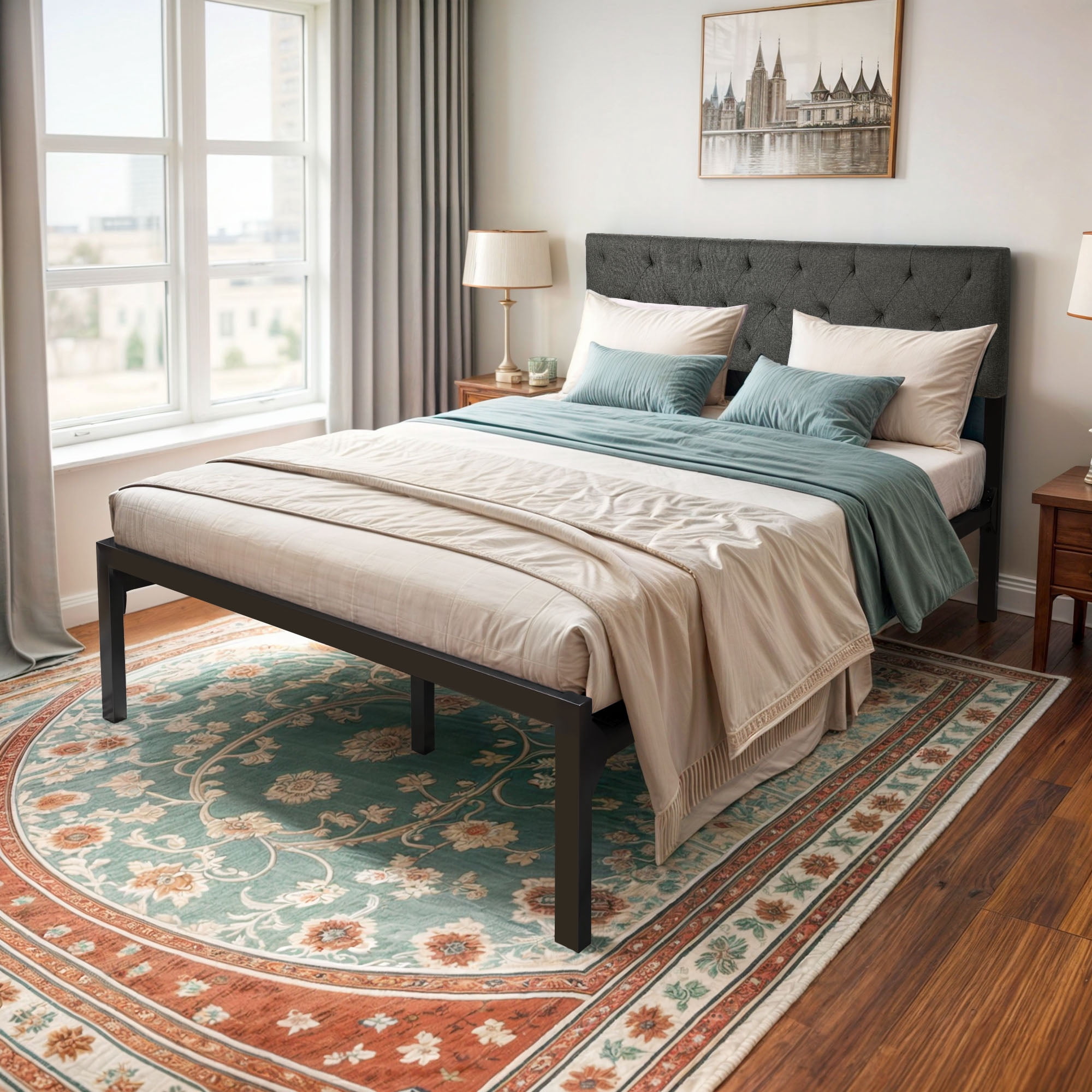 ModFusion -Dark Gray Metal Bed Frame with Adjustable Upholstered ...