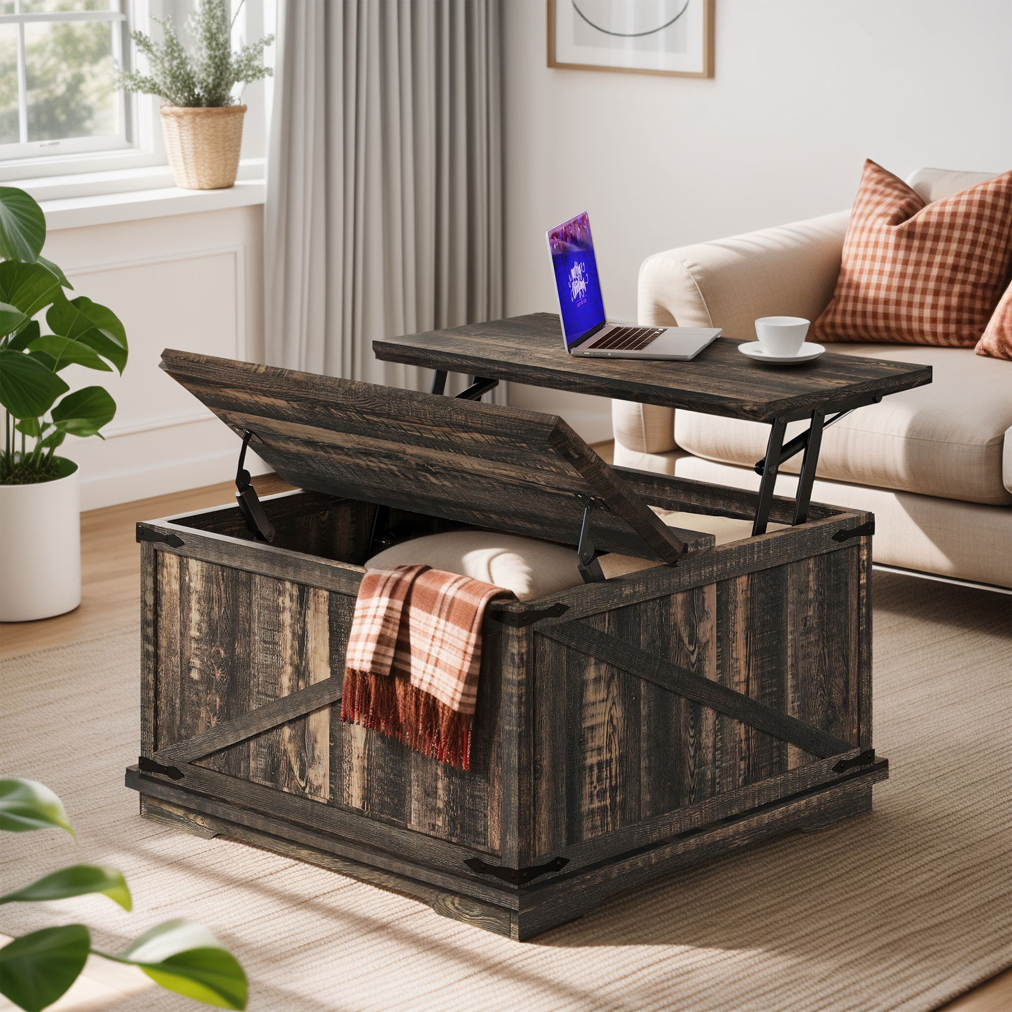 ModFusion Dark Rustic Oak Farmhouse Square Lift-Top Coffee Table with ...